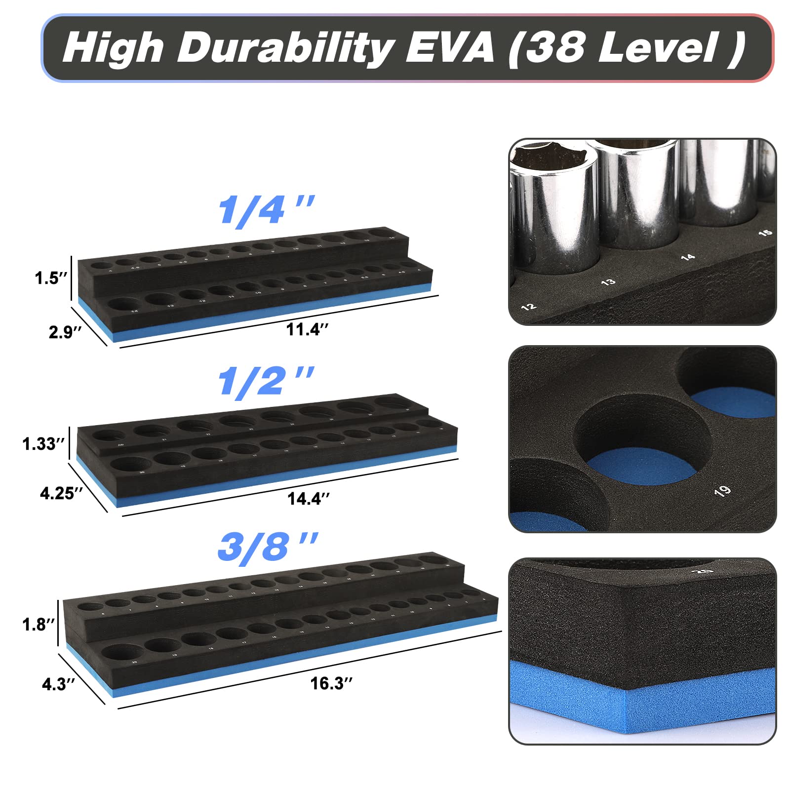 Socket Organizer Set, 6PCS Socket Holder for Metric and SAE 1/2'', 3/8'' and 1/4'' Sockets with Accurate Hole Size, Suitable for Toolbox and Tool Cart Socket Storage (EVA foam, Sockets not included)