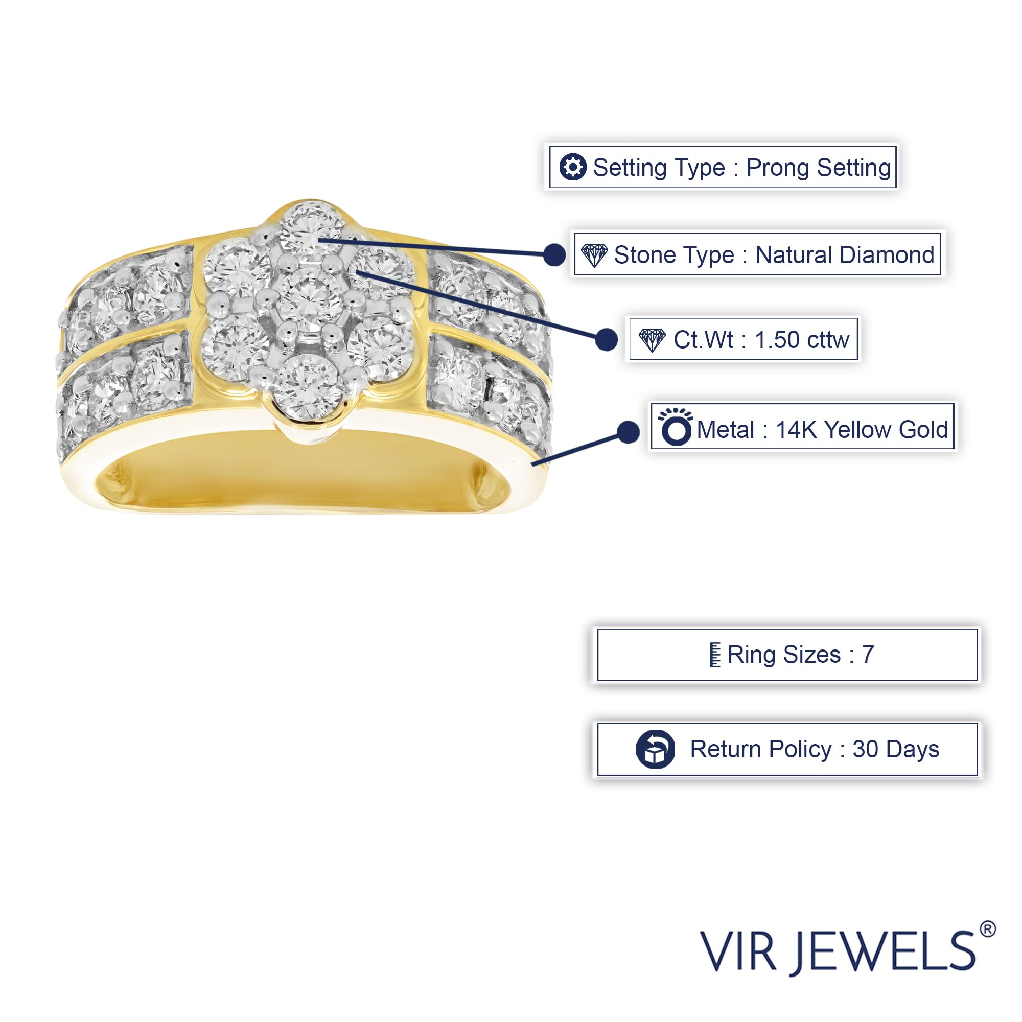 Vir Jewels 1.50 cttw Diamond Engagement Ring Cluster Design 14K Yellow Gold Bridal Wedding Size 7