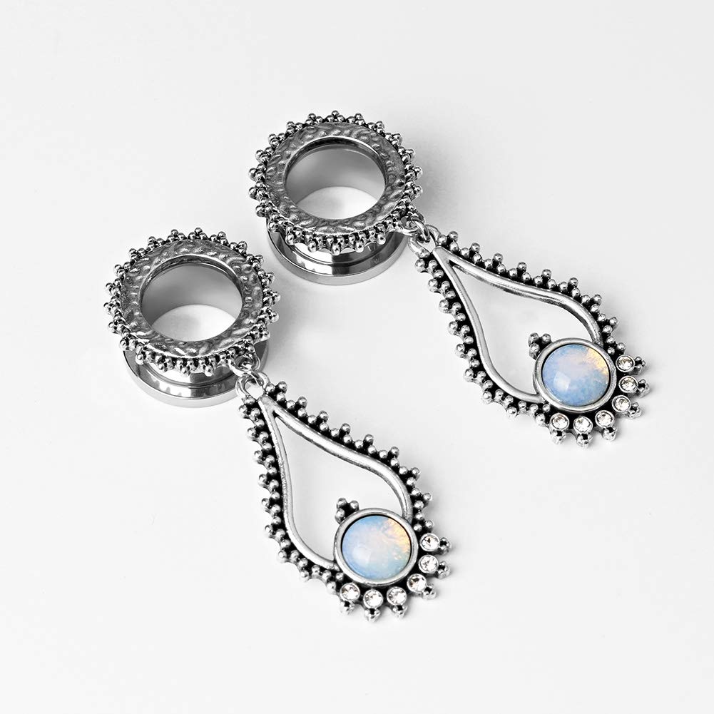 TBOSEN Opalite Moonstone Dangle Pendant Ear Plugs Stainless Steel Screw Ears Tunnels Gauges Piercing Gauge 0g(8mm)