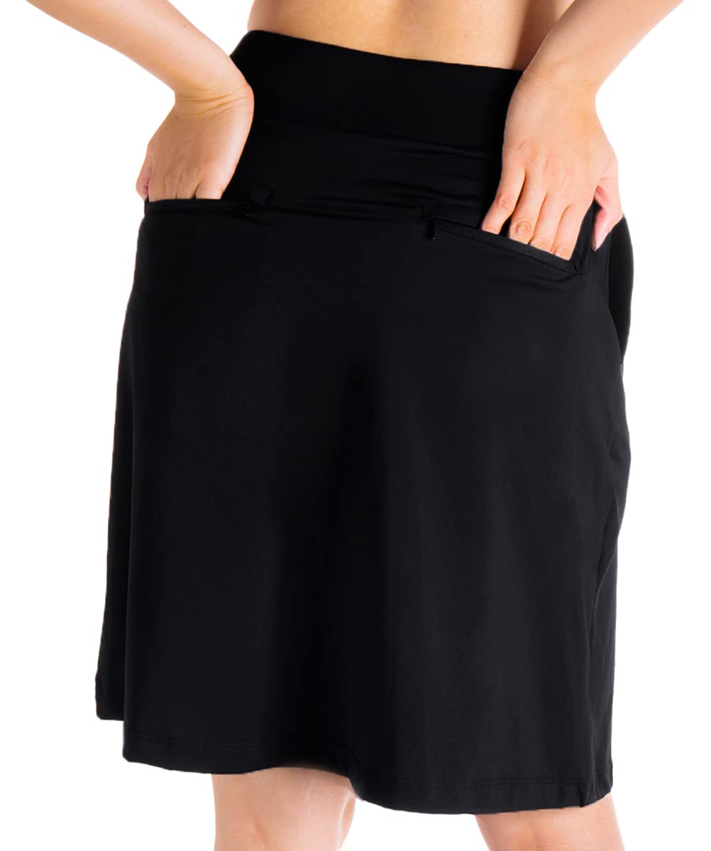 Yogipace Women's 4 Pockets UV Protection 20" Modest Knee Length Skirt Athletic Running Golf Tennis Skort Zippered Pockets, Black, Size L