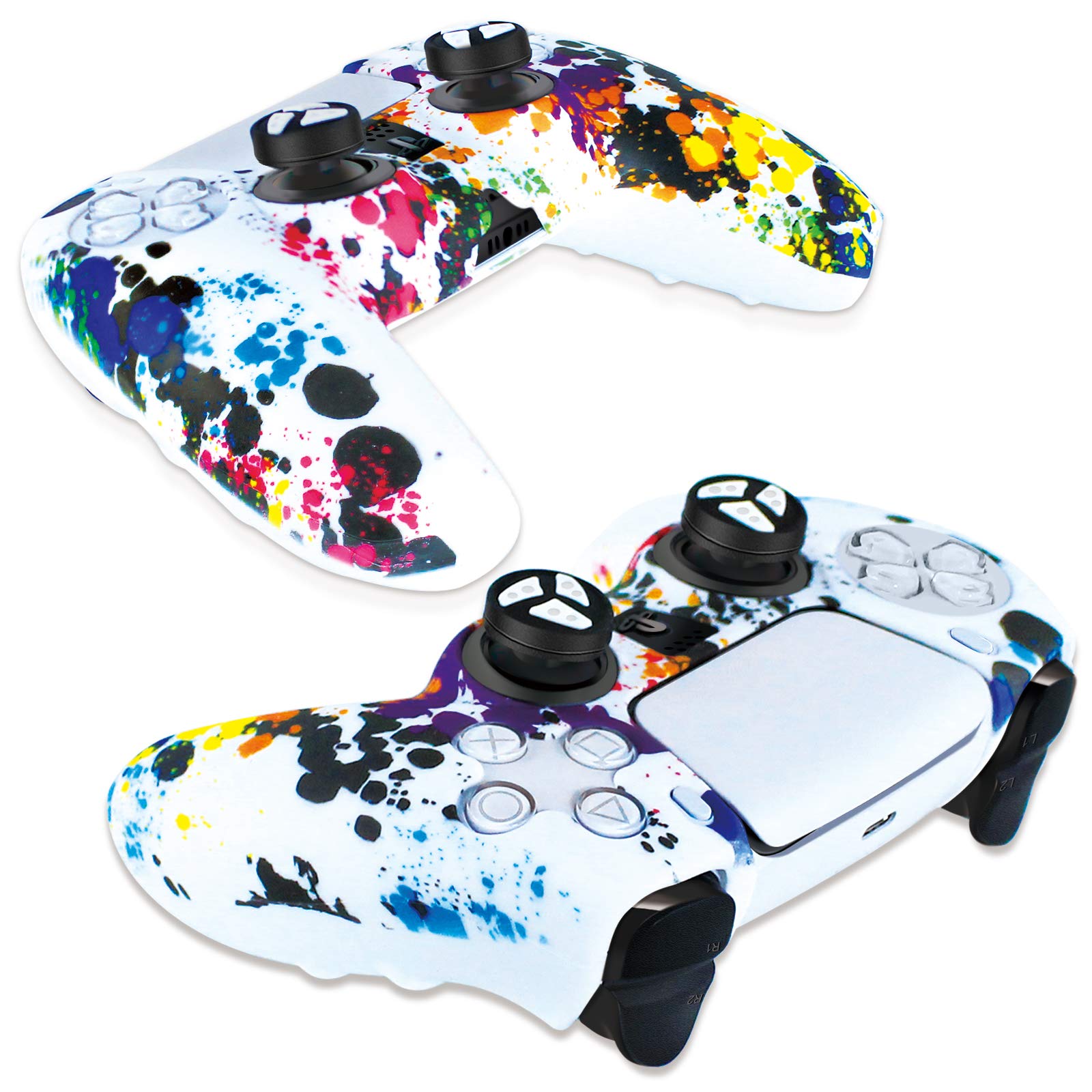 SIKEMAY Silicone Printing Cover Skin for PS5 Controller Grip, Protective Case for Playstation 5 Accessories with 10 Thumb Grip Caps(White Camouflage)