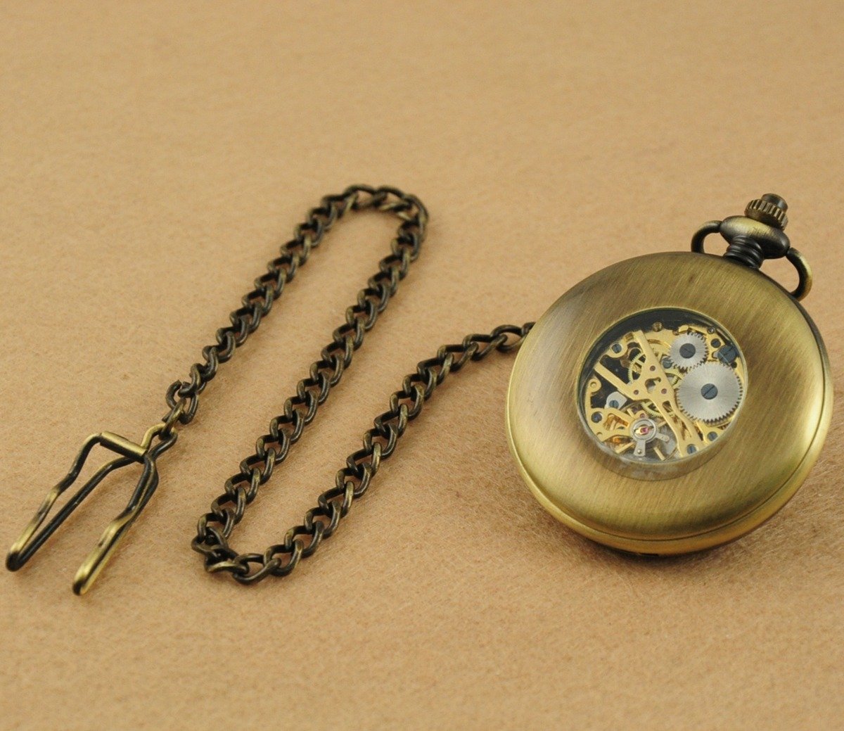 VIGOROSO Men's Hand-Wind Mechanical Pocket Watch Vintage Steampunk Wood Grain Hollow Design with Chain and Box