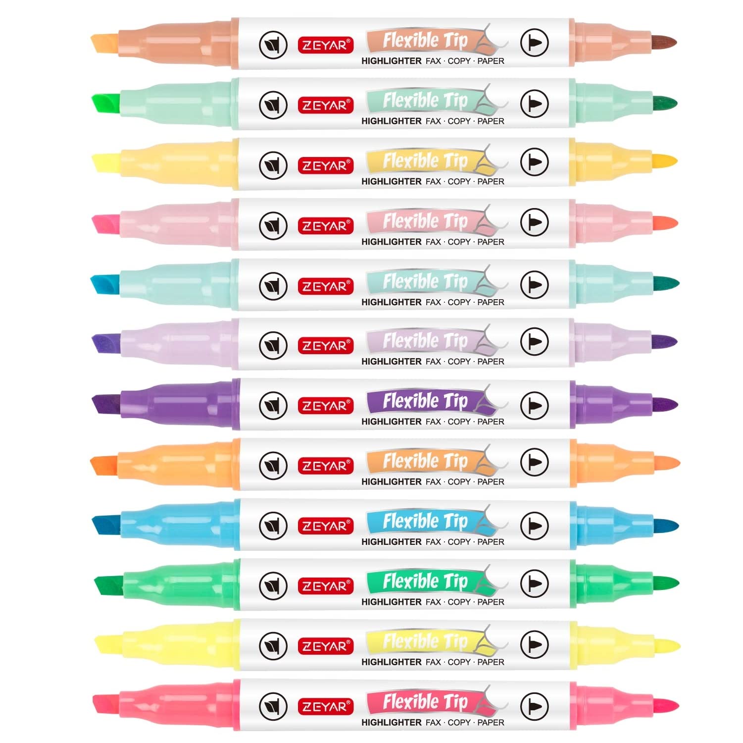 ZEYAR Flexible Tip Highlighter, Dual Tips Marker Pen, Chisel and Fine Tips, Flexible Tip and Soft Touch, Water Based, Assorted Colors, Quick Dry (12 Colors)