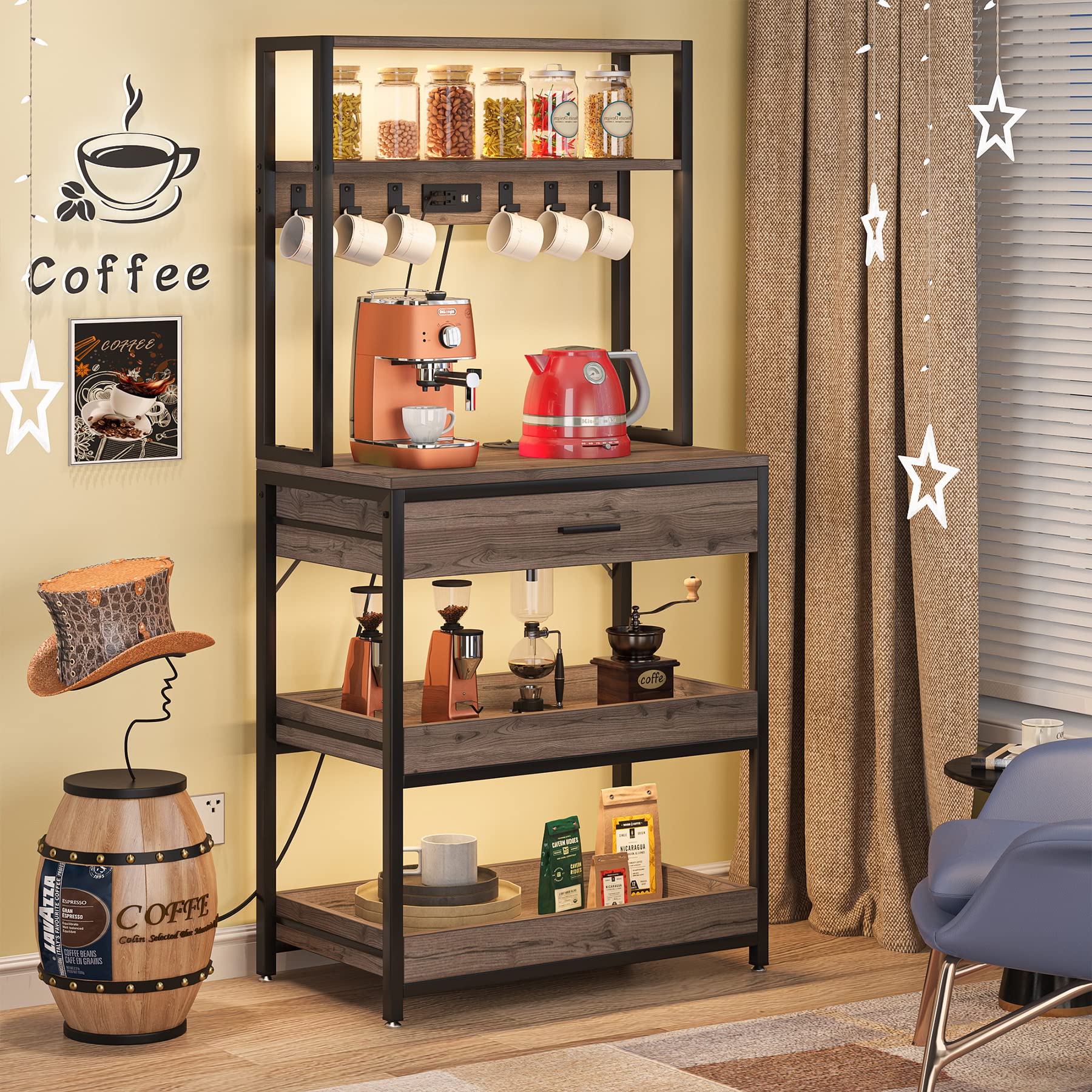 Tribesigns Kitchen Bakers Rack with Power Outlets, 5-Tier Microwave Oven Stand with Drawer and Sliding Shelves, Freestanding Coffee Bar, Kitchen Storage Shelf Organizer with 6 Hooks, Grey