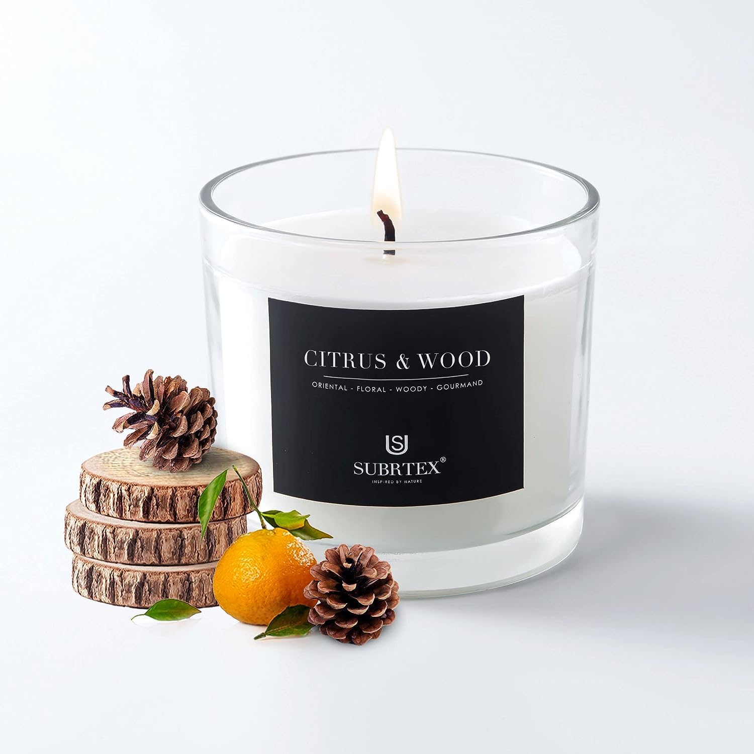 subrtex Citrus & Wood Scented Candles for Women, 7oz Small Jar Single Wick Candle, 40 Hours of Burn Time, Highly Scented Aromatherapy Candle Valentine's Day Gift for Bathing Massage