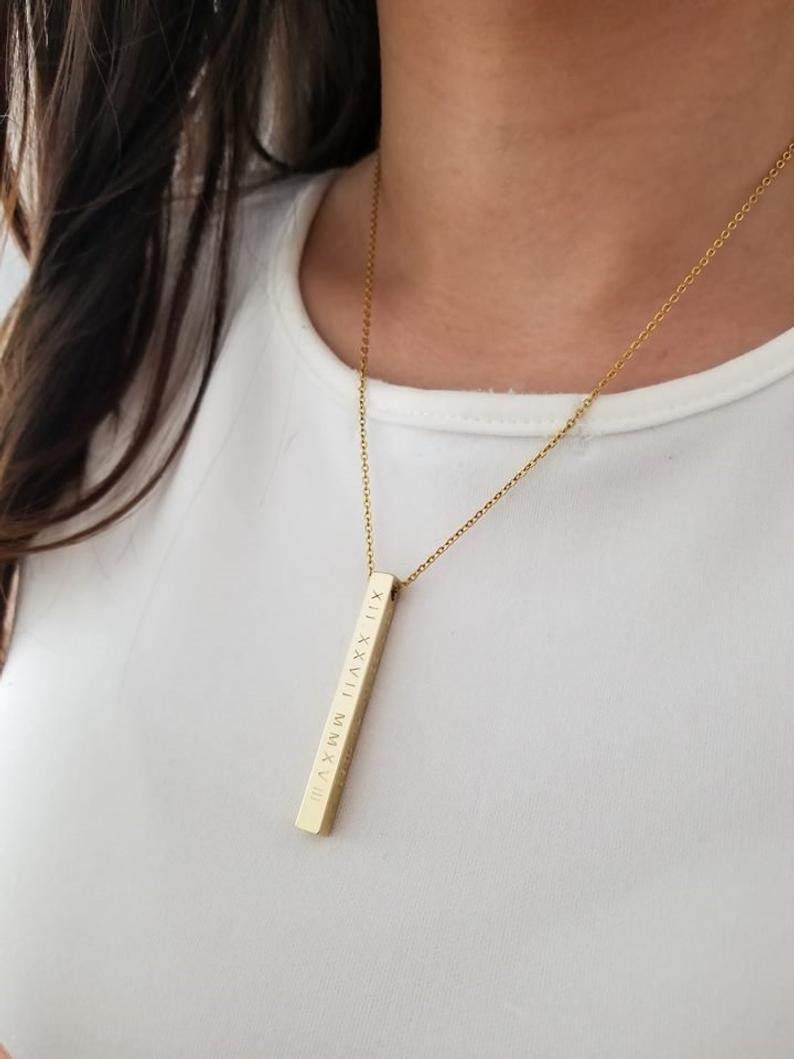 Yoke Style Personalized Bar Necklace, 18K Gold Plated Engraved Vertical Custom Y Necklace Charm Pendant Jewelry Gift for Women