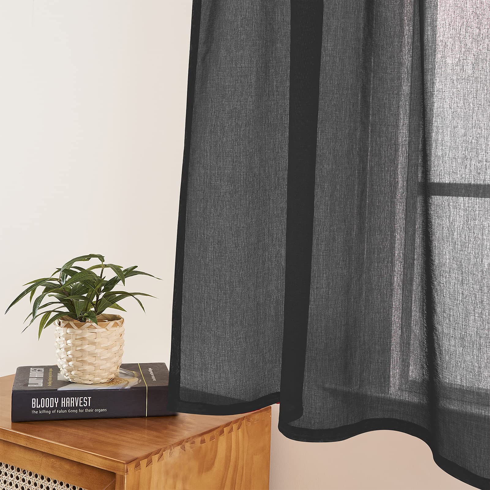 YOKISTG Sheer Kitchen Curtains 36 Inch Length Solid Rod Pocket Tier Curtains for Cafe Bathroom Basement Small Window, Black, 2 Panels