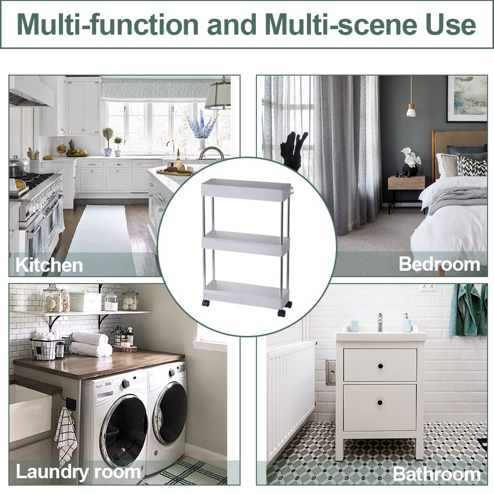 Slim Storage Cart, 3 Tier Mobile Shelving Unit Organizer, Slide Out Rolling Utility Cart Shelf Rack for Kitchen Bathroom Laundry Room Narrow Places, Plastic & Stainless Steel, Gray