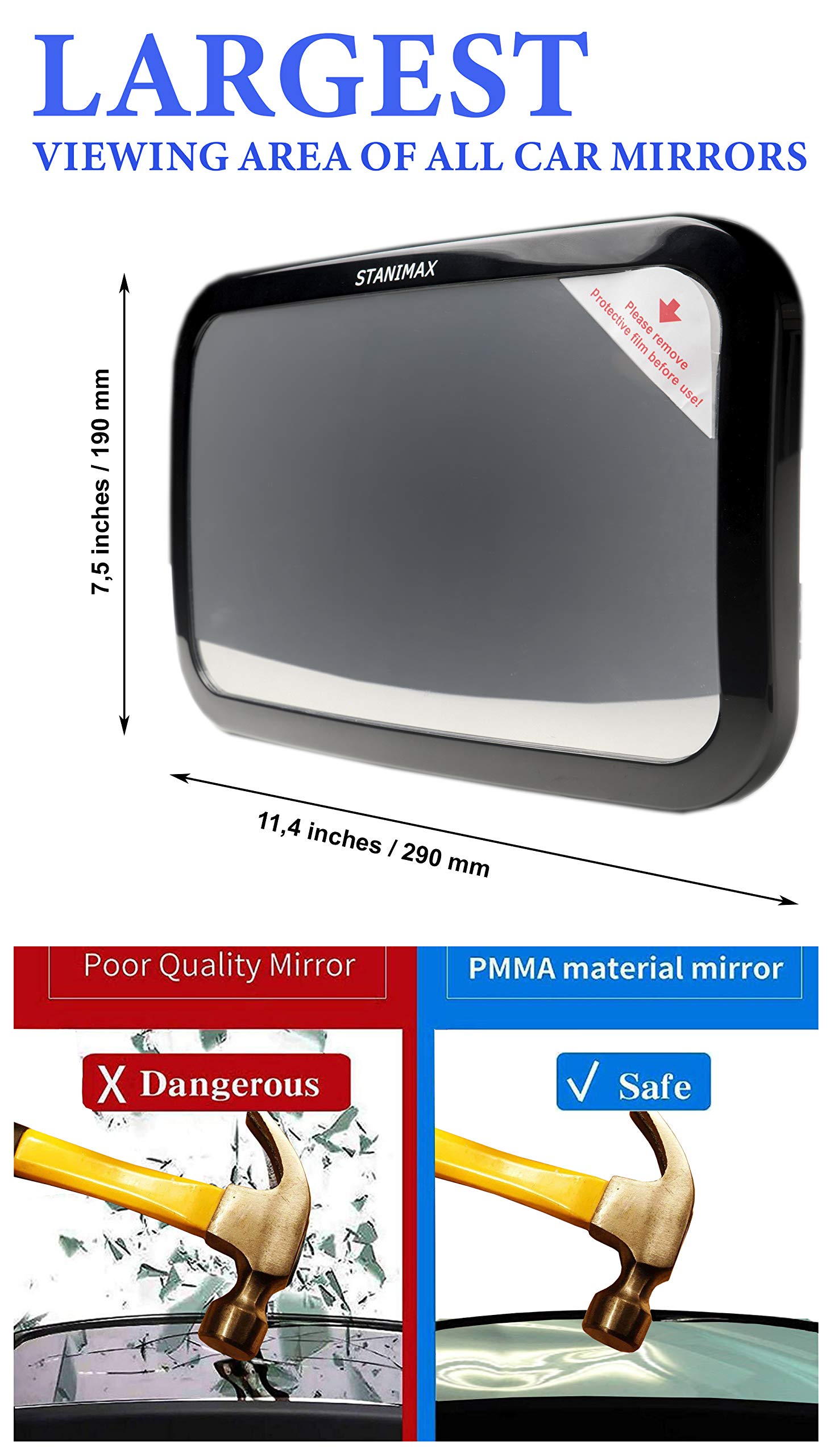 Stanimax Baby Car Backseat Mirror for Infant – Rear Monitoring – Wider and Larger Viewing Area – Secure Mounting Clamp – Shatterproof PMMA Material – Safe & Durable – Includes Car Organizing Hooks