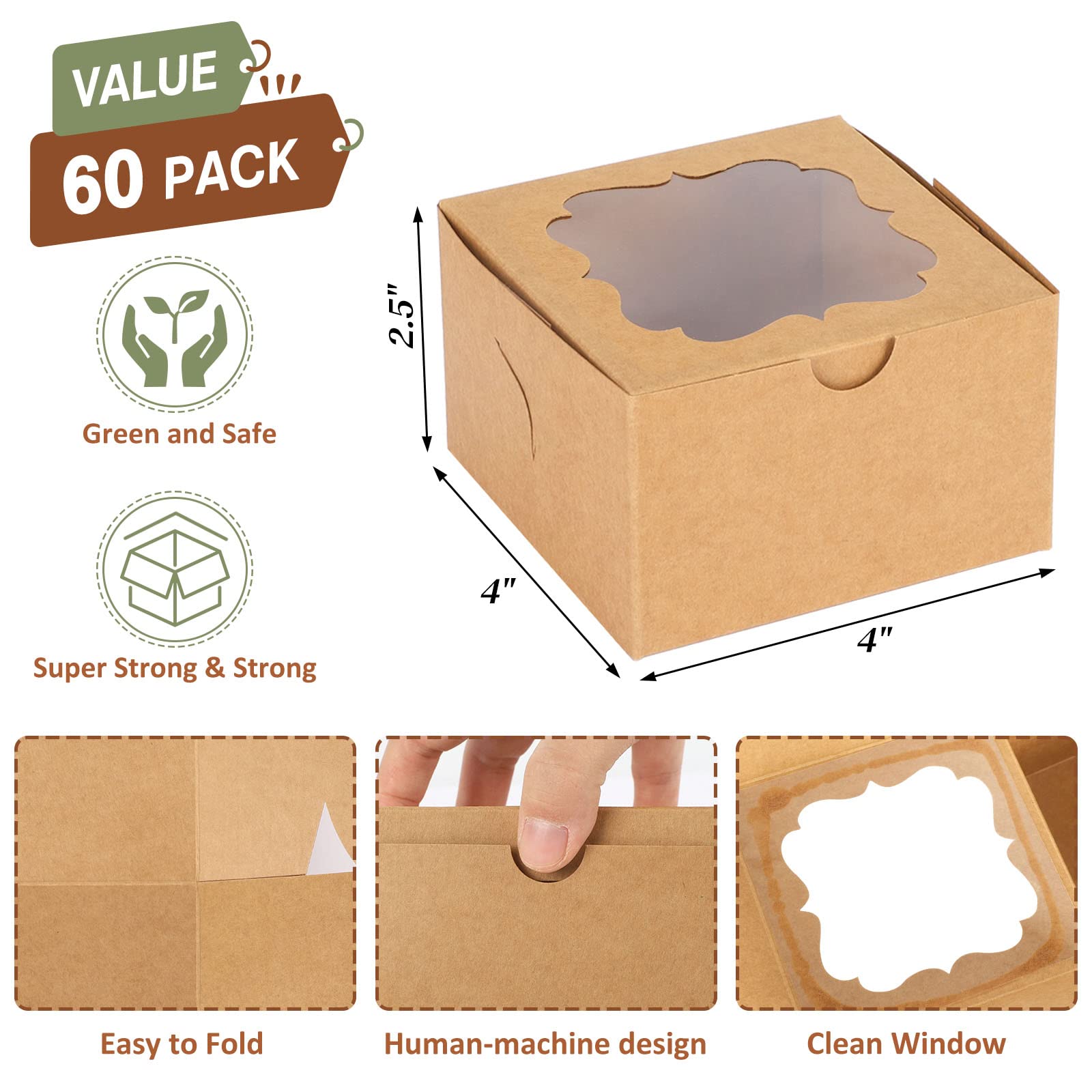 TOMNK 60pcs 4 Inches Brown Bakery Boxes Small Cookie Boxes Kraft Baking Boxes with 2 Style Windows for Strawberries Chocolate Dessert Treat Candy Donuts Mini Cake and Party Favor 4x4x2.5 Inches