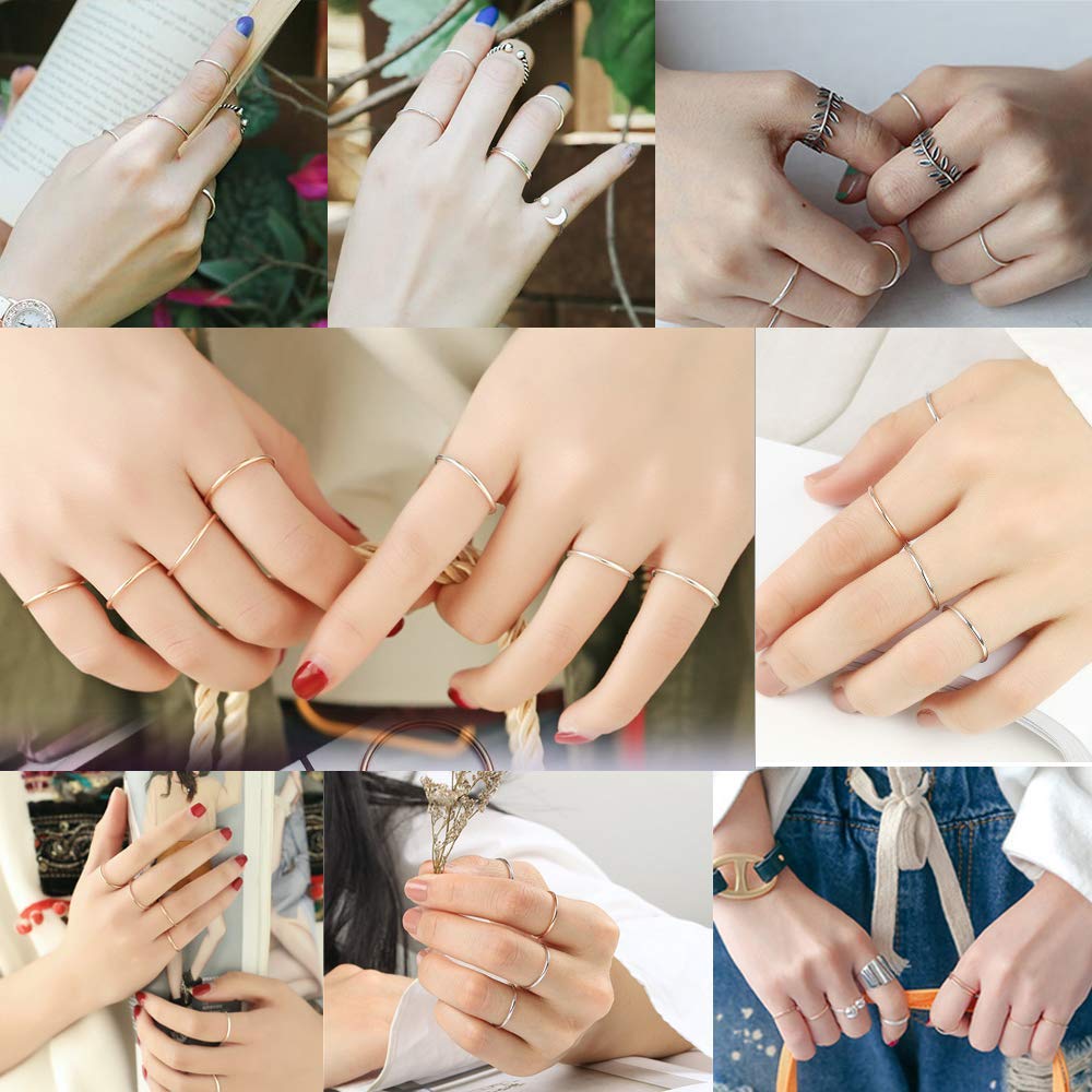 SILBERTALE 8pcs Thin Knuckle Rings for Women Sterling Silver Midi Stacking Ring Set Pinky Thumb Ring Wedding Band Comfort Fit Size 2.5-8.5