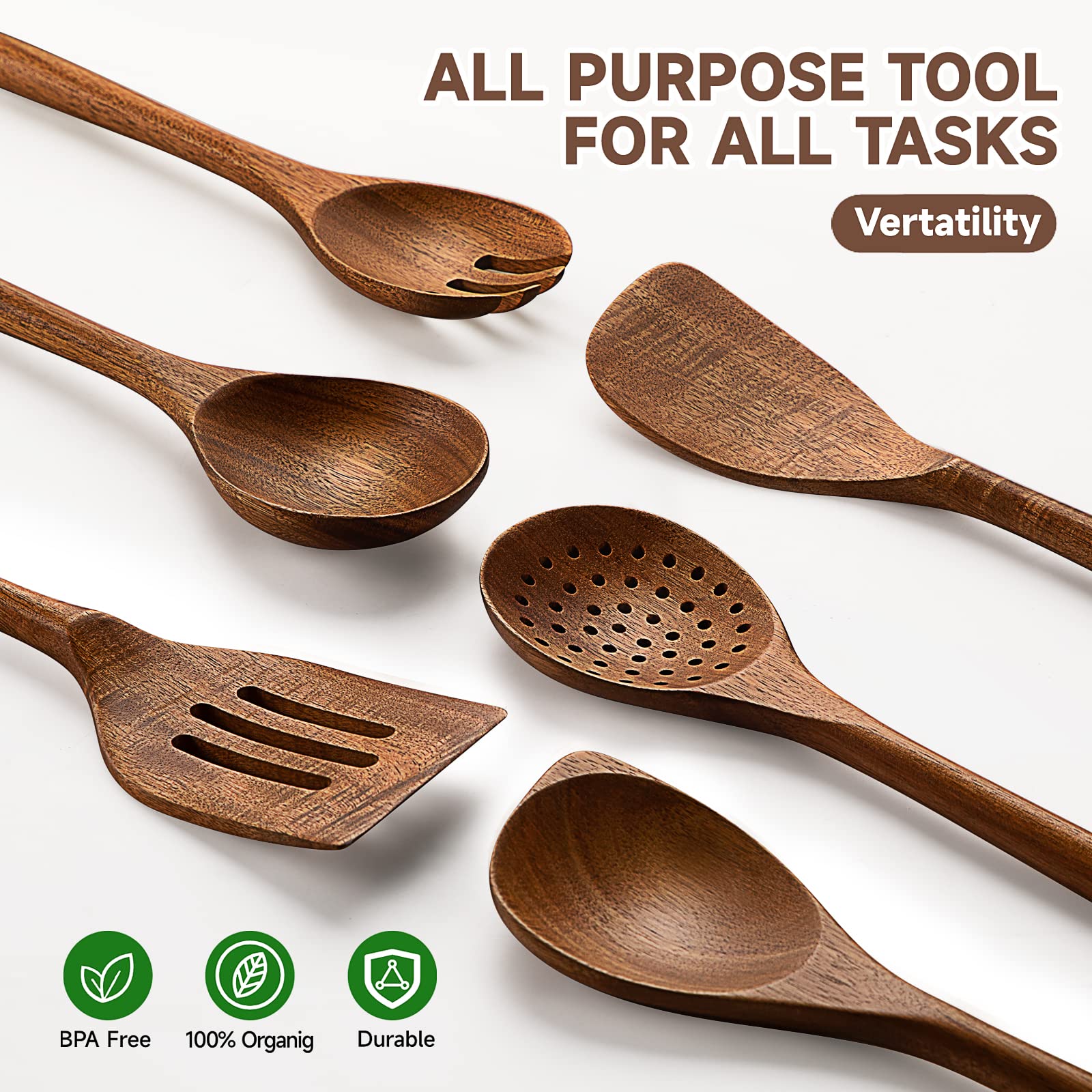 Wooden Spoons Utensils for Cooking Serving 6-Piece 12 Inch Round Handle Acacia Wood Non Stick Set