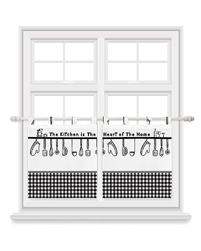 Tab Top Window Curtain,Kitchen Cooking Utensil Black White Checker Tier Curtains Panels Kitchen Valance 2 Drapes,Heart of Home Quotes Light Filtering Window Treatment for Bathroom Bedroom Cafe