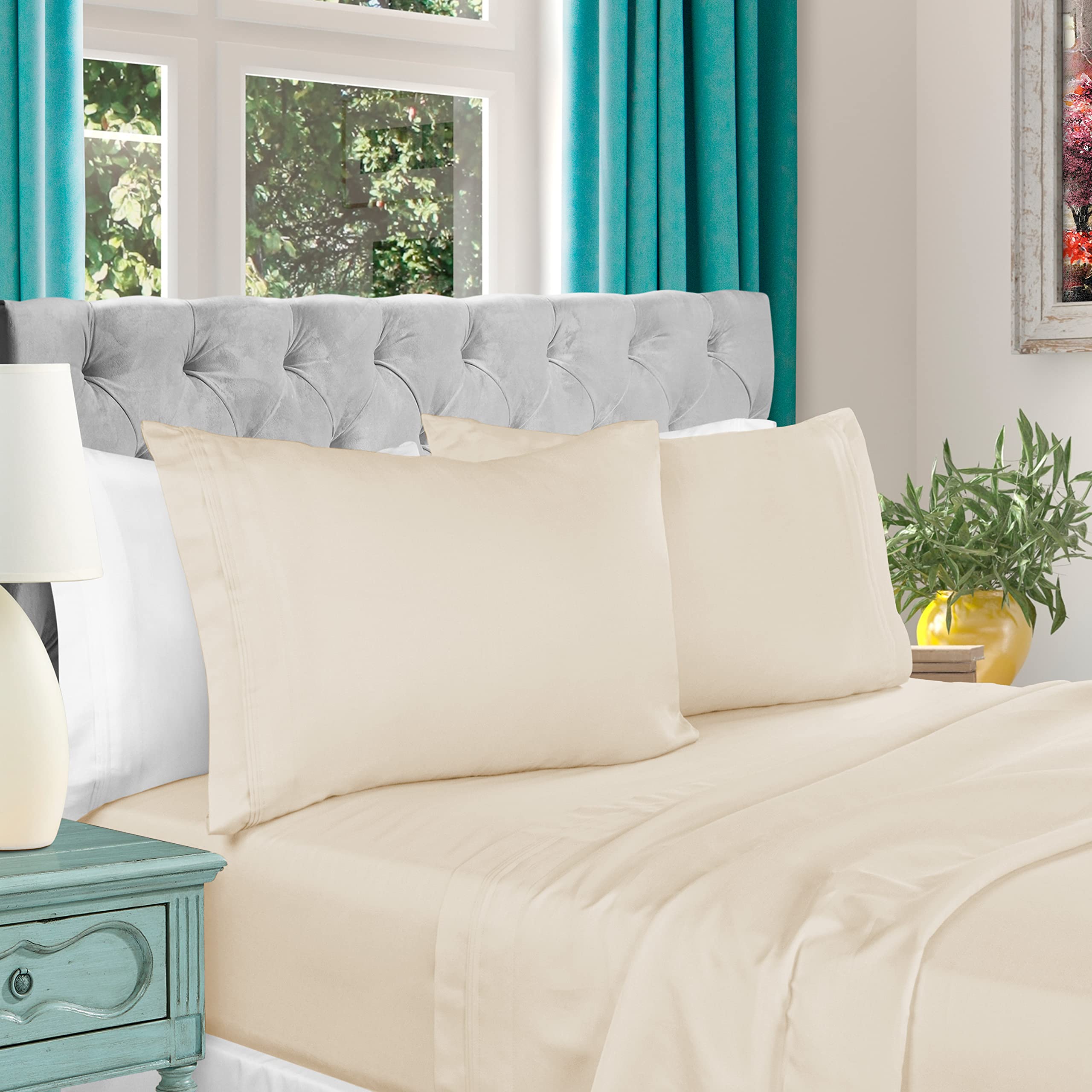 Superior Egyptian Cotton 4 Piece Sheet Set, Luxury 1000 Thread Count, Eco-Friendly, Sustainable Sheets, Ultra-Soft Basics, Solid, Deep Pocket Fitted Sheet, Flat Sheet, Pillowcases, King, Ivory