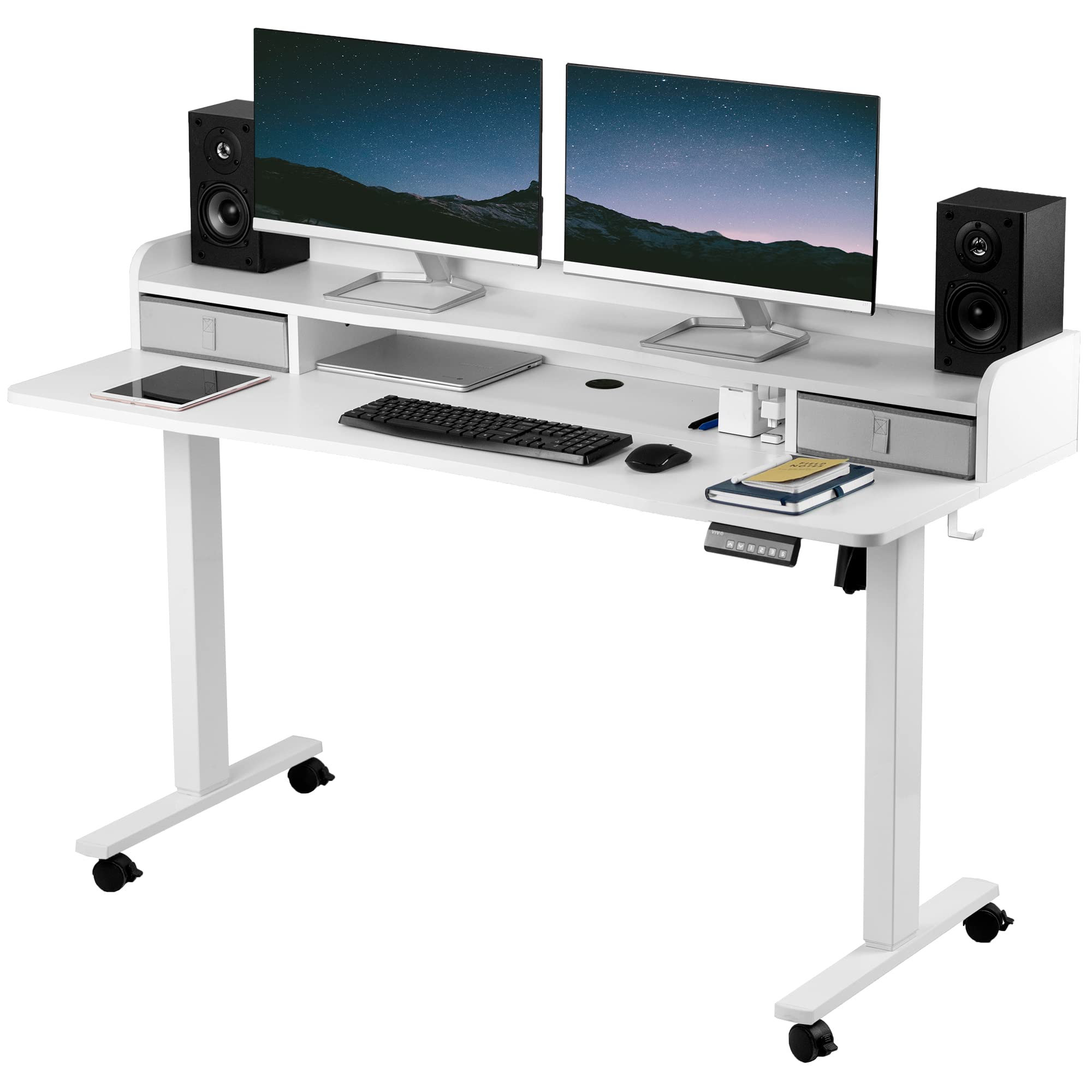 VIVO Electric 2-Tier Height Adjustable 60 x 24 inch Stand Up Desk, Mobile Table with Storage Drawers, Standing Workstation with Memory Controller, Casters, White, DESK-E-Y60SW