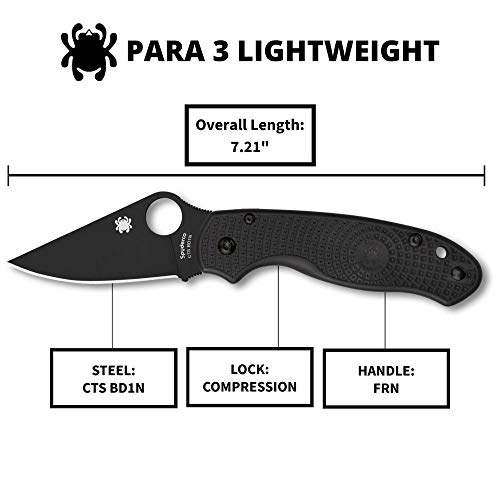 Spyderco Para 3 Lightweight Signature Folding Utility Pocket Knife with 2.92" Black Stainless Steel Blade and FRN Handle - Everyday Carry - PlainEdge - C223PBBK