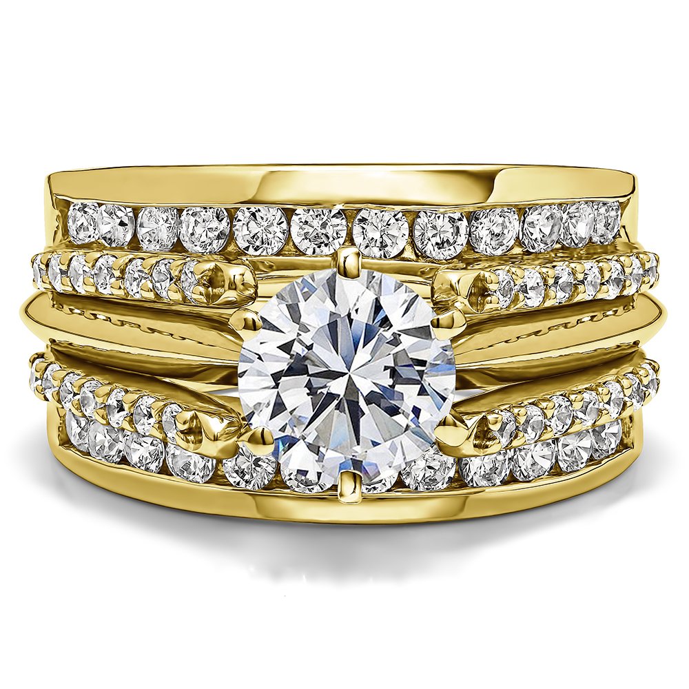 TwoBirch 1.01 Ct. Combination Cathedral and Classic Ring Guard in Yellow Gold Plated Sterling Silver with Cubic Zirconia (Size 7)