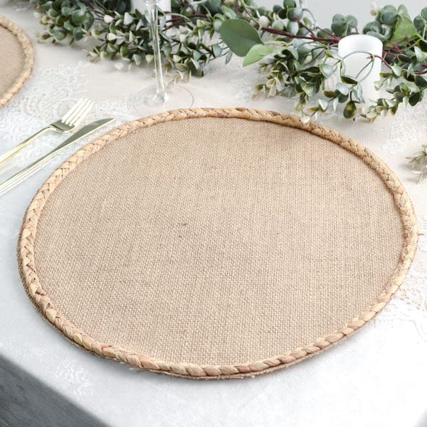 TABLECLOTHSFACTORY 4 Pack | 15" Round Natural Rustic Burlap Jute Placemats Braided Edges, Farmhouse Placemats with Trim