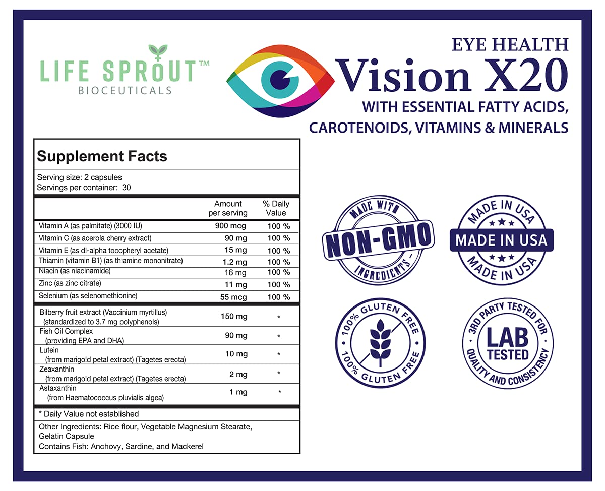 Vision X20 with Lutein, Beta-Carotene, L-Glutatione, Bilberry and Niacin for Vision Support, Overall Eye Health