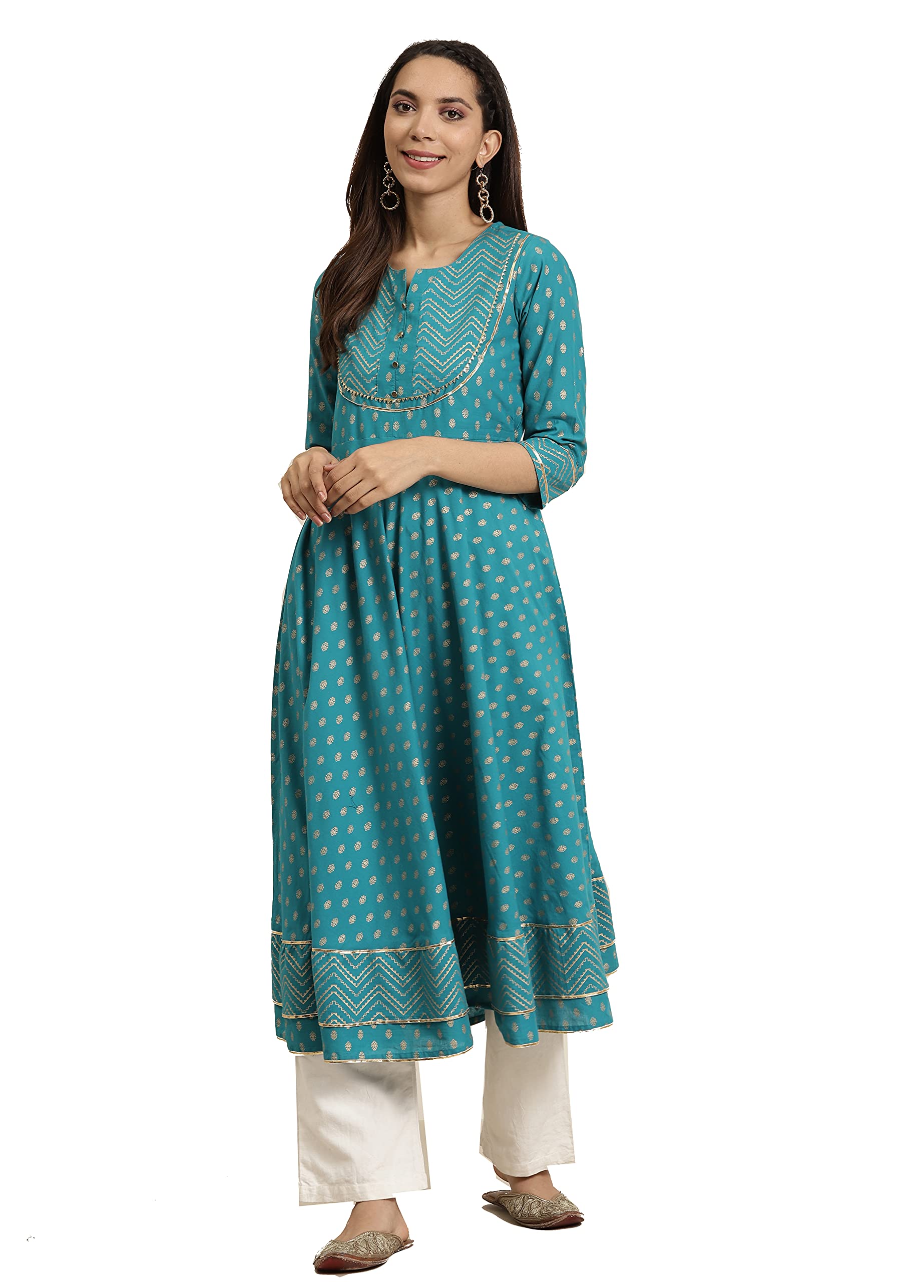 Yash Gallery Women's Cotton Blend Floral Print Anarkali Kurta (Blue)