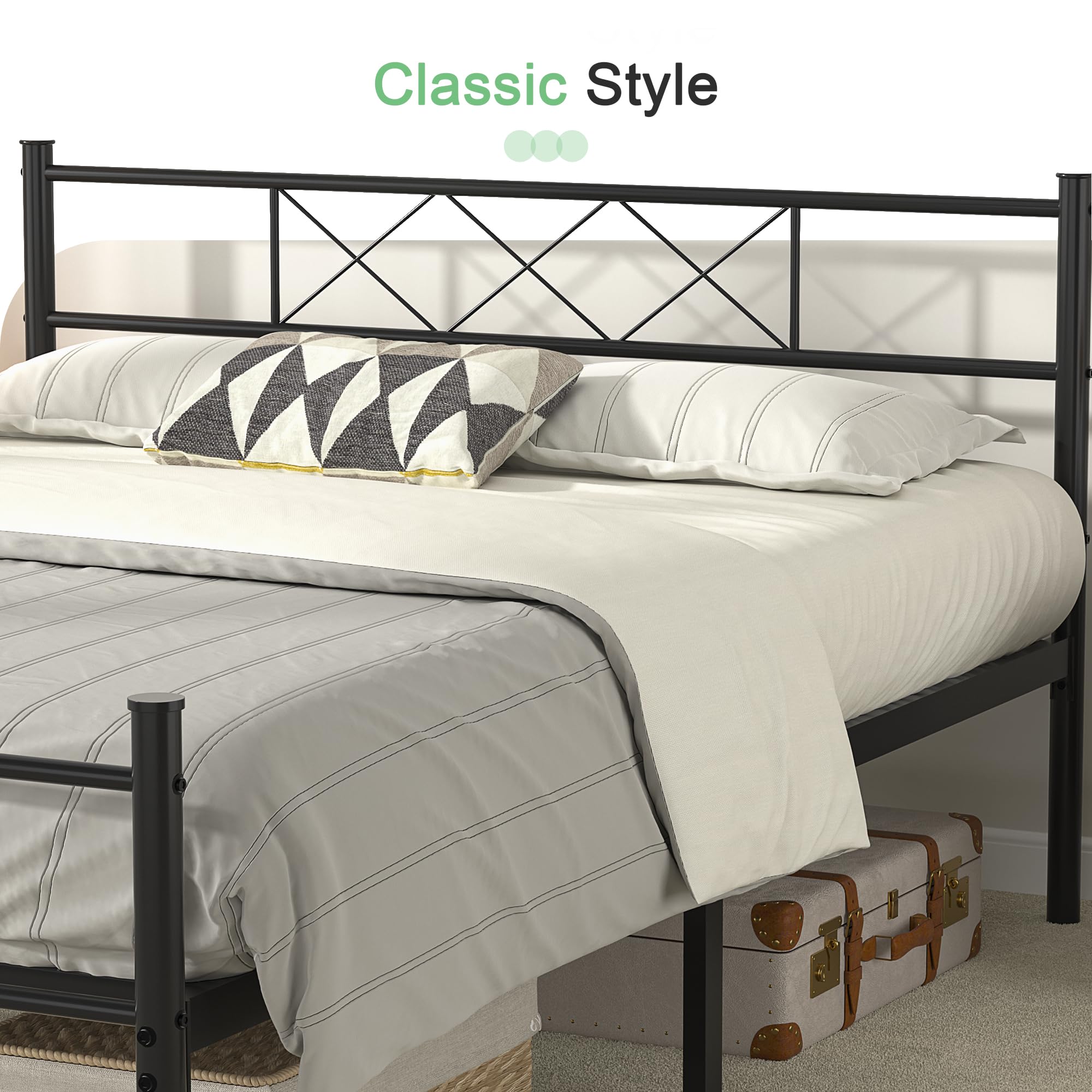 VECELO Queen Size Bed Frame with Headboard, Heavy-Duty Platform/Mattress Foundation with Metal Slats Support, No Box Spring Needed/Easy Assembly, Matte Black