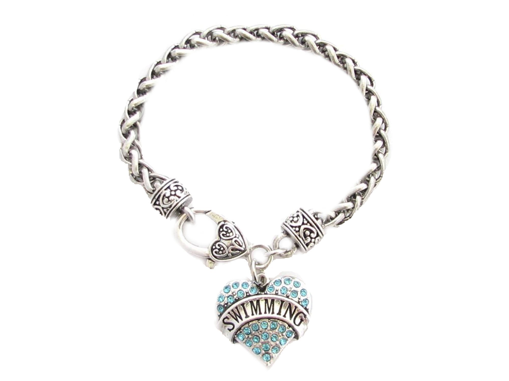 Swimming Blue Crystal Heart Silver Lobster Chain Bracelet Jewelry Swimmer Swim