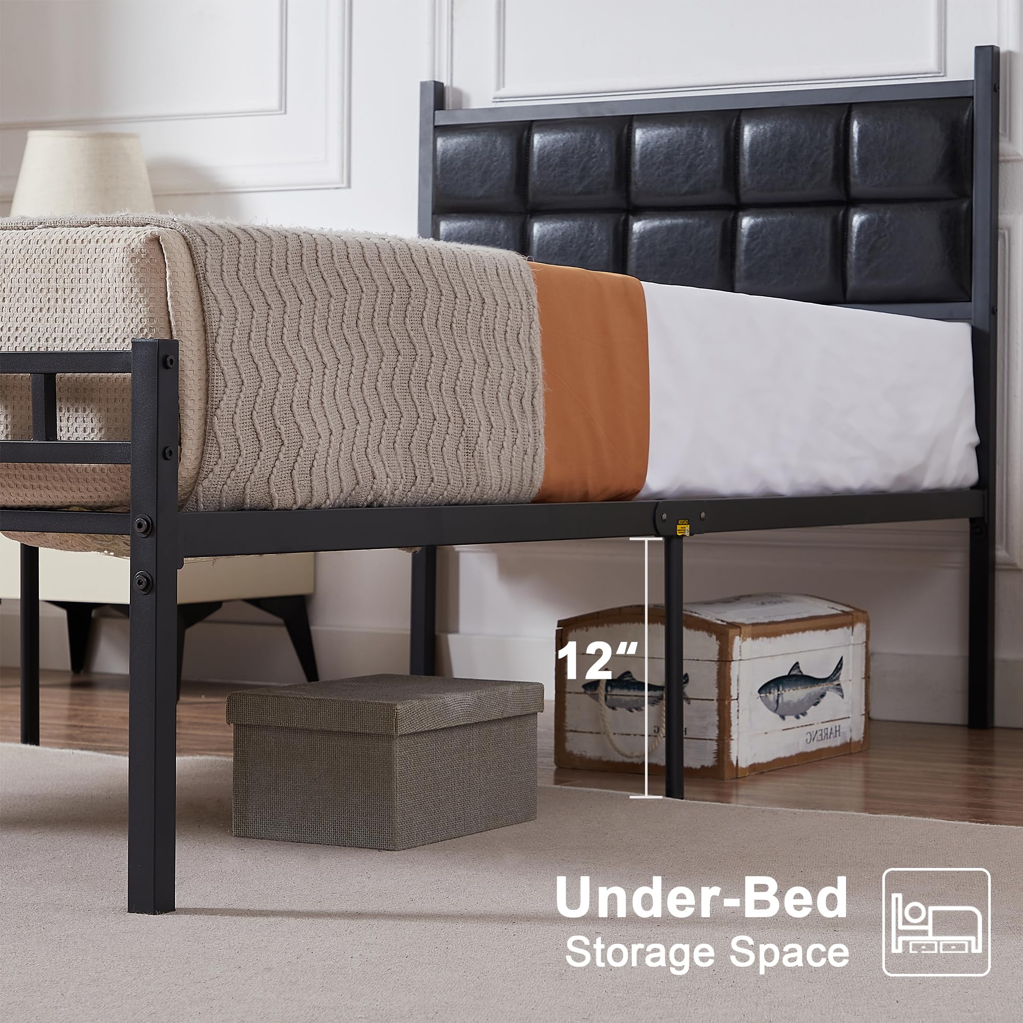 VECELO Twin Bed Frame with PU Upholstered Headboard, Heavy Duty Platform Bedframes, Metal Slats Support, No Box Spring Needed, Matte Black