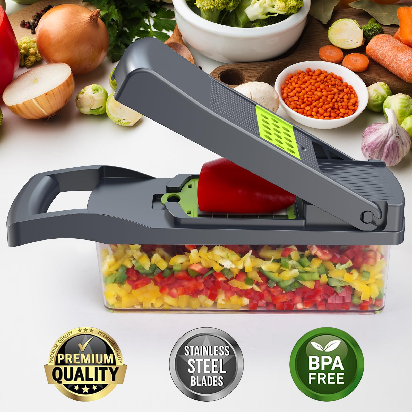 Vegetable Chopper,Putsea Veggie Chopper,Multifunctional 13 in 1 Food Chopper,Vegetable Slicer Dicer with 8 Blades,Onion Chopper Vegetable Cutter with Salad Garlic Carrot (Gray)