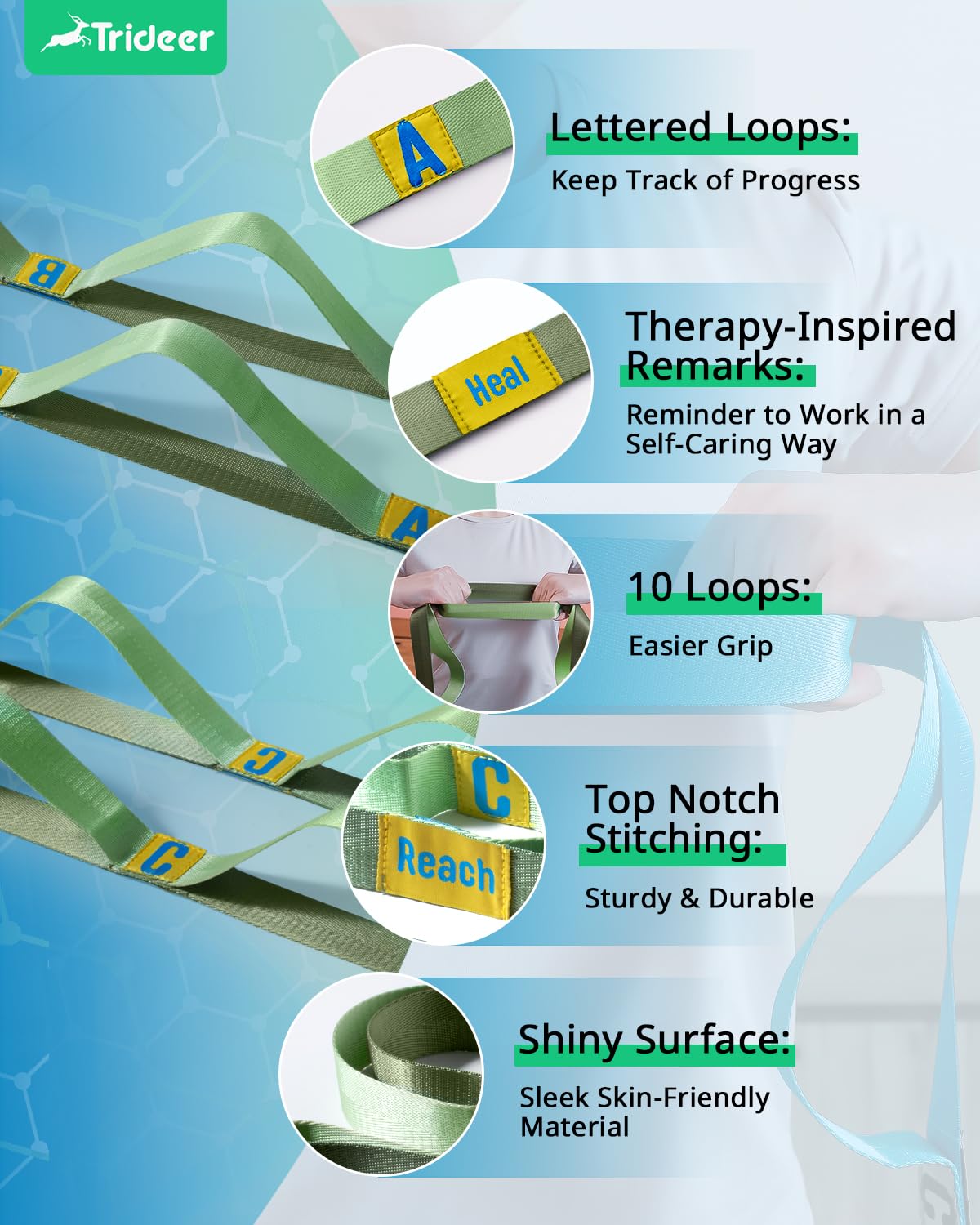Trideer Stretching Strap with 10 Loops & Non-Elastic Yoga Strap for Stretching&Hamstring & Leg Stretch Strap for Physical Therapy, Flexibility- [Designed with Letters & Inspirational Remarks]