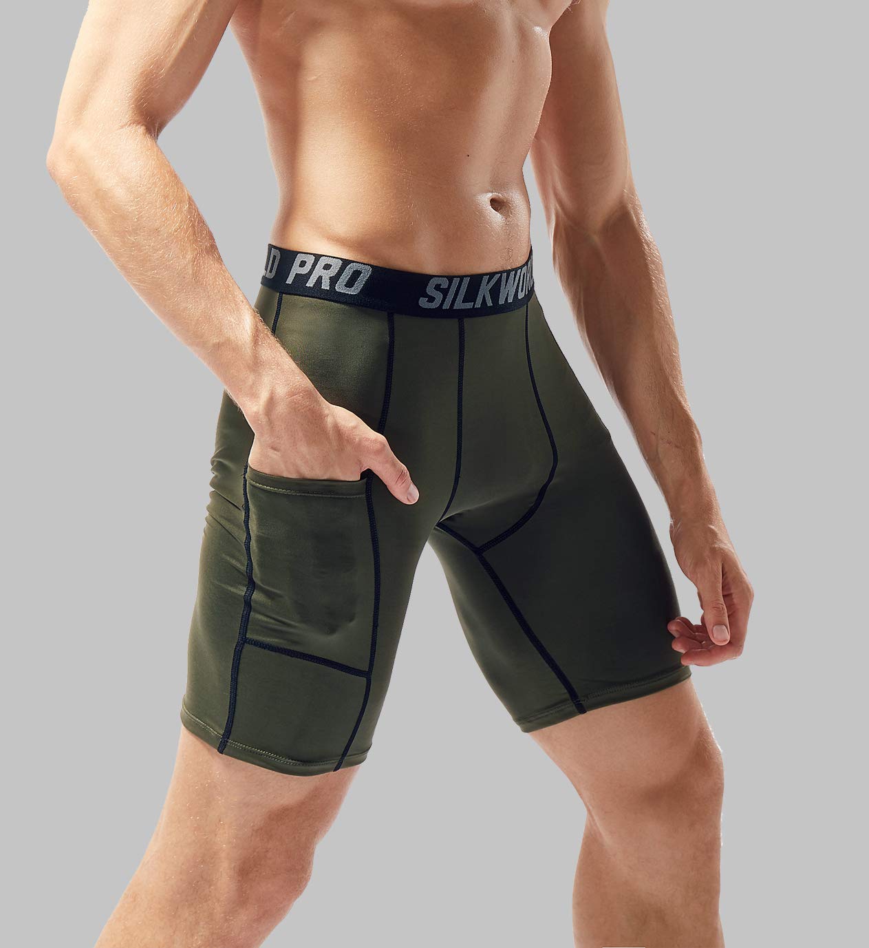 SILKWORLD Men's Compression Shorts Pockets Sports Running Tight,Dark Olive Green,L