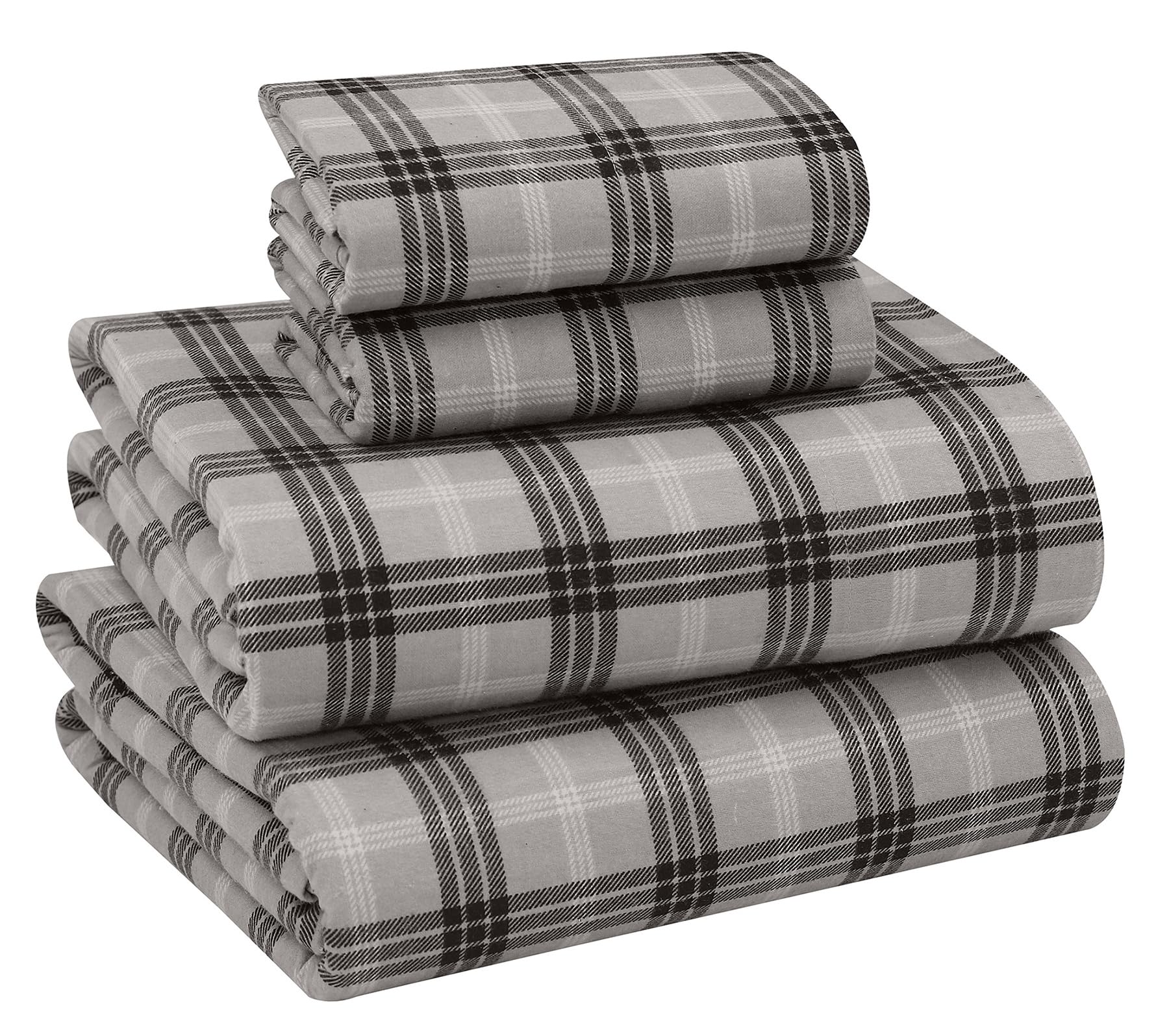 RUVANTI Flannel Sheets Full Size - 100% Cotton Brushed Flannel Bed Sheet Sets - Deep Pockets 16 Inches (fits up to 18") - All Seasons Breathable & Super Soft - Warm & Cozy - 4 Pcs - Dark Grey Plaid