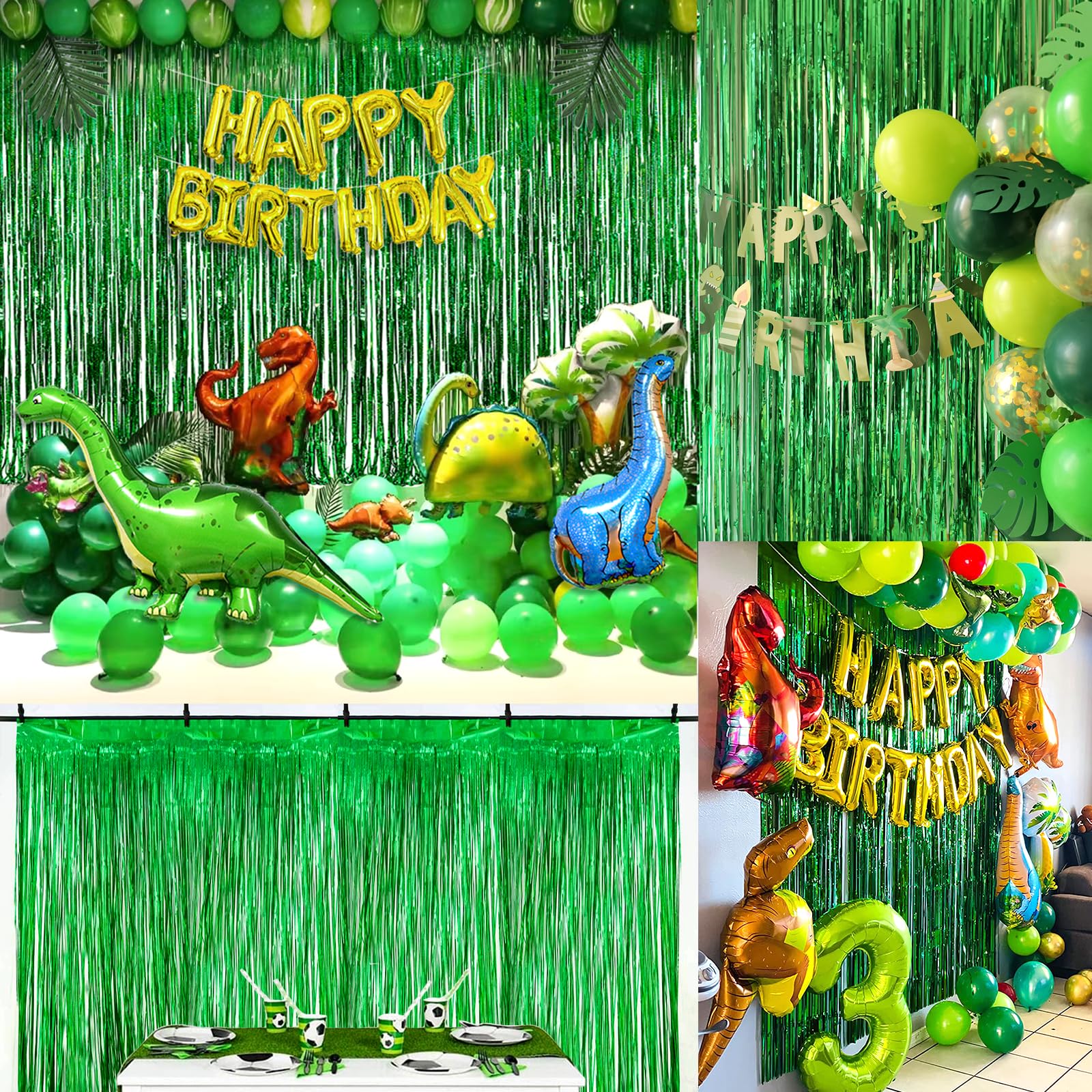 Slmeno 4 Pack Green Foil Fringe Curtain Glitter Backdrop, 12.8x8.2 Feet, Tinsel Curtain Backdrop for Party Decorations, Green Streamer Backdrop Curtain, Christma Hawaiian Birthday Football Backdrop