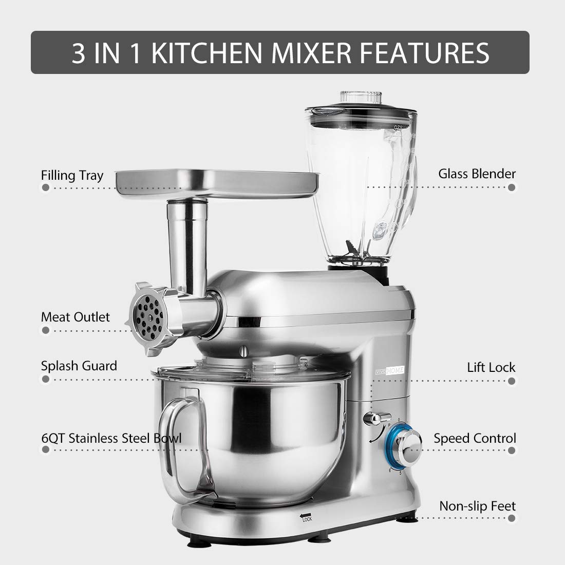 VIVOHOME 3 in 1 Multifunctional Stand Mixer with 6 Quart Stainless Steel Bowl, 650W 6 Speed Tilt-Head Meat Grinder, Juice Blender, Red