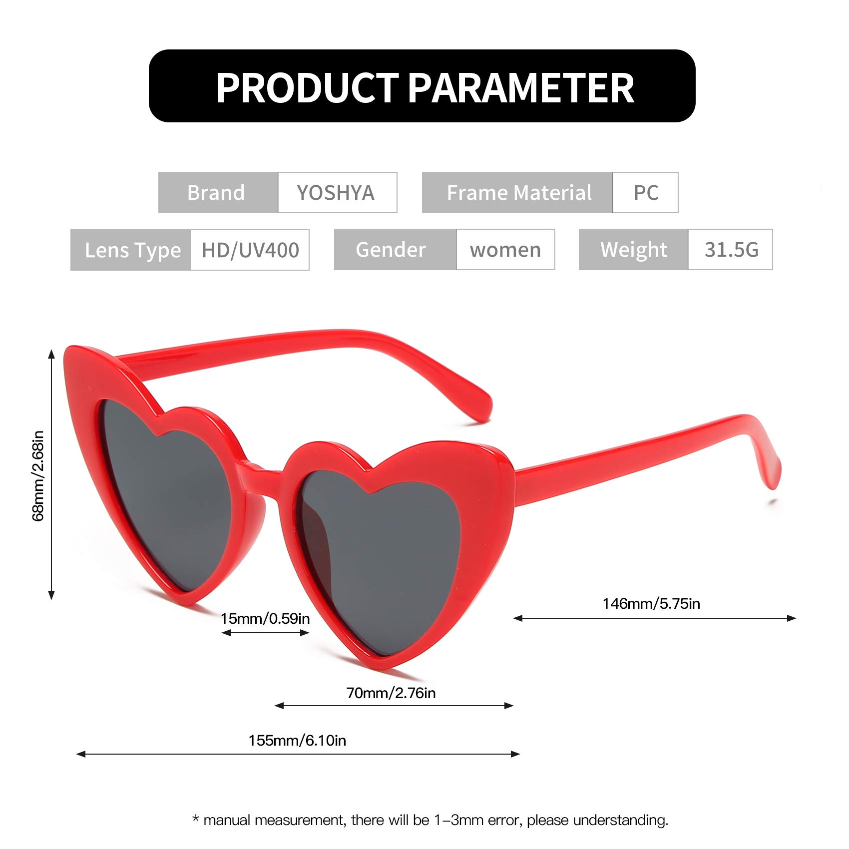 YOSHYA Clout Goggle Heart Sunglasses Vintage Cat Eye Mod Style Retro Kurt Cobain Glasses (Red Grey)
