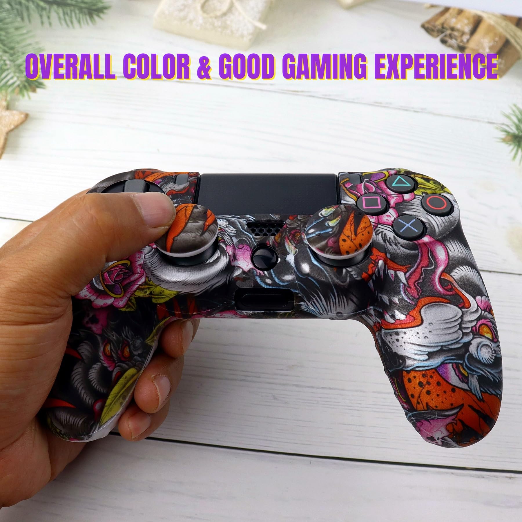 Skin for Ps4 Controller, Anti-Slip Silicone Shell Cover Case with 2pcs Thumb Grip Caps for PS4/ Slim/Pro Dualshock 4 Controller Wireless Gamepad (Lion Dance)