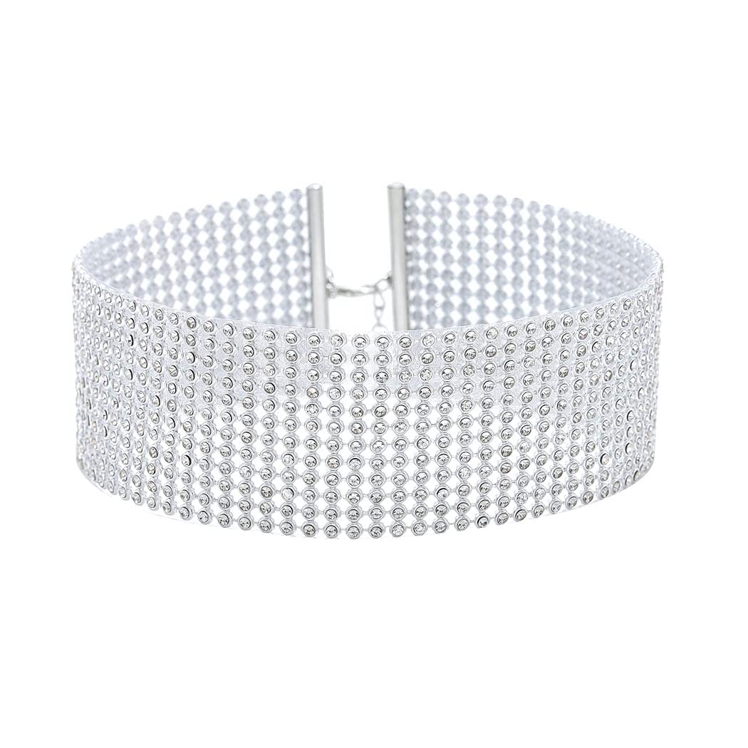 Yokawe Sparkly Crystal Necklace Silver Rhinestone Diamond Choker Gitter Wide Collar Necklaces Wedding Party Rave Neck Jewelry Accessories for Women(Silver)