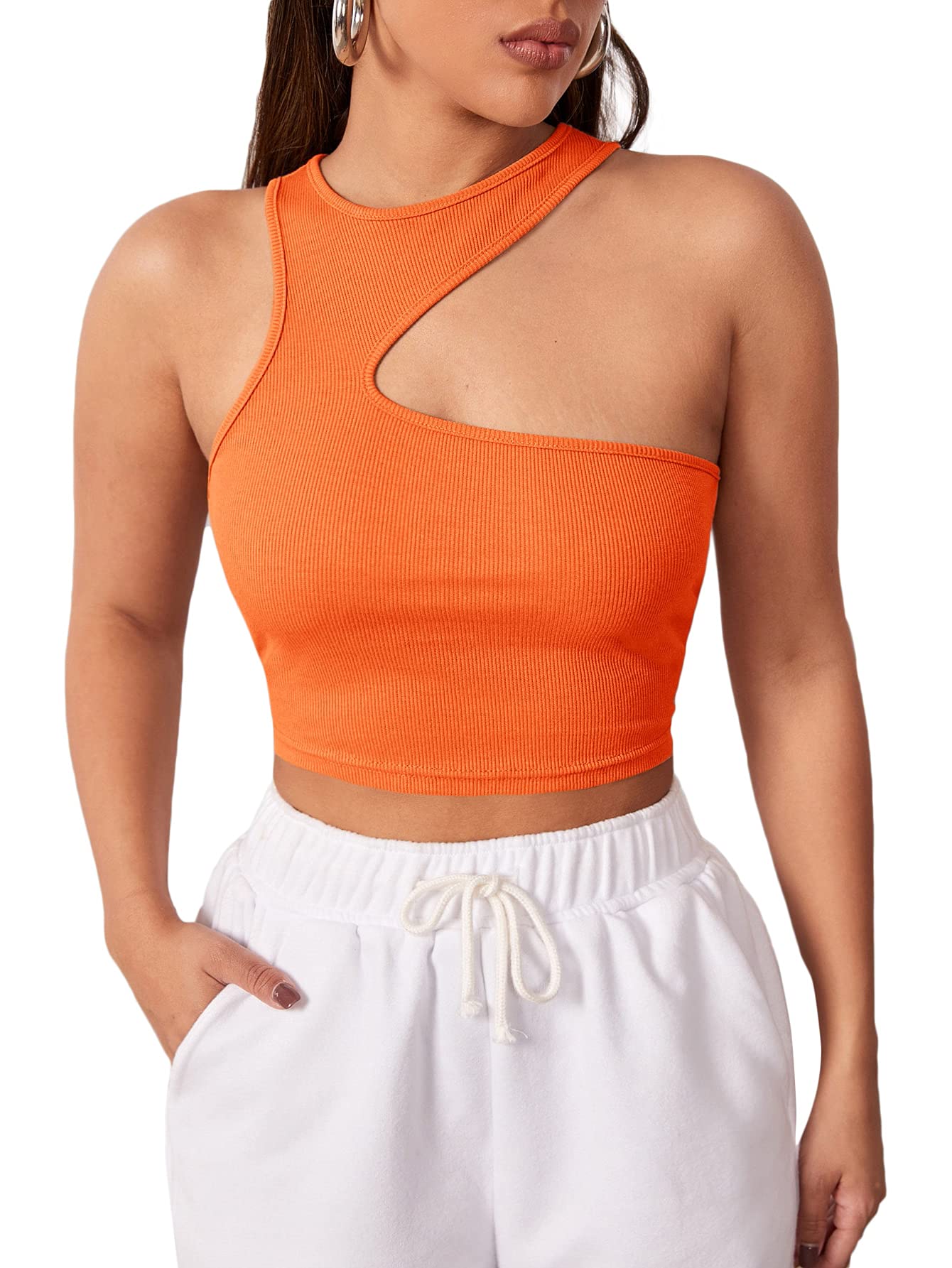 Verdusa Women's Asymmetrical Neck Sleeveless Slim Fitted Ribbed Crop Tank Top Orange S