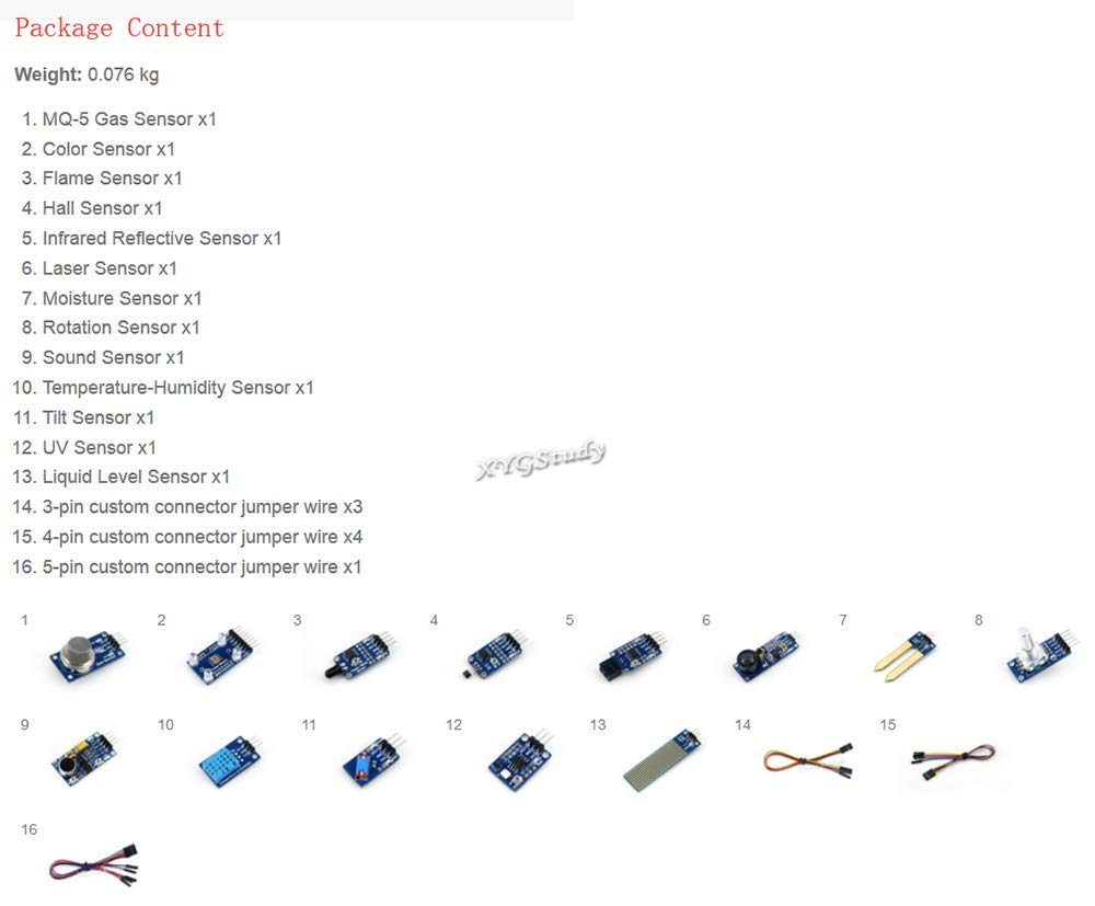 XYGStudy Sensors Pack 14pcs MQ-5 Gas/Color/Flame/Metal/Hall/Infrared Reflective/Laser/Moisture/Rotation/Sound/Temperature-Humidity/Tilt/UV/Liquid Level Sensor Detector Modules