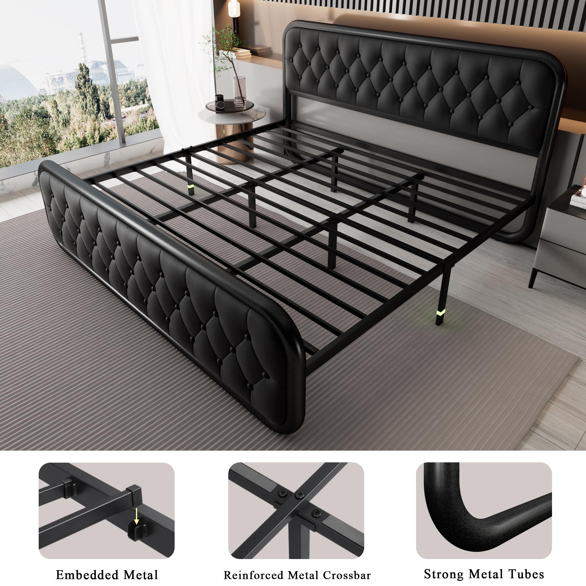 SUMELL King Size Bed Frame - Heavy Duty Bed Frame, Stylish Faux Leather Headboard, Noise-Free and Easy Assembly for The Perfect Night's Sleep (Black)