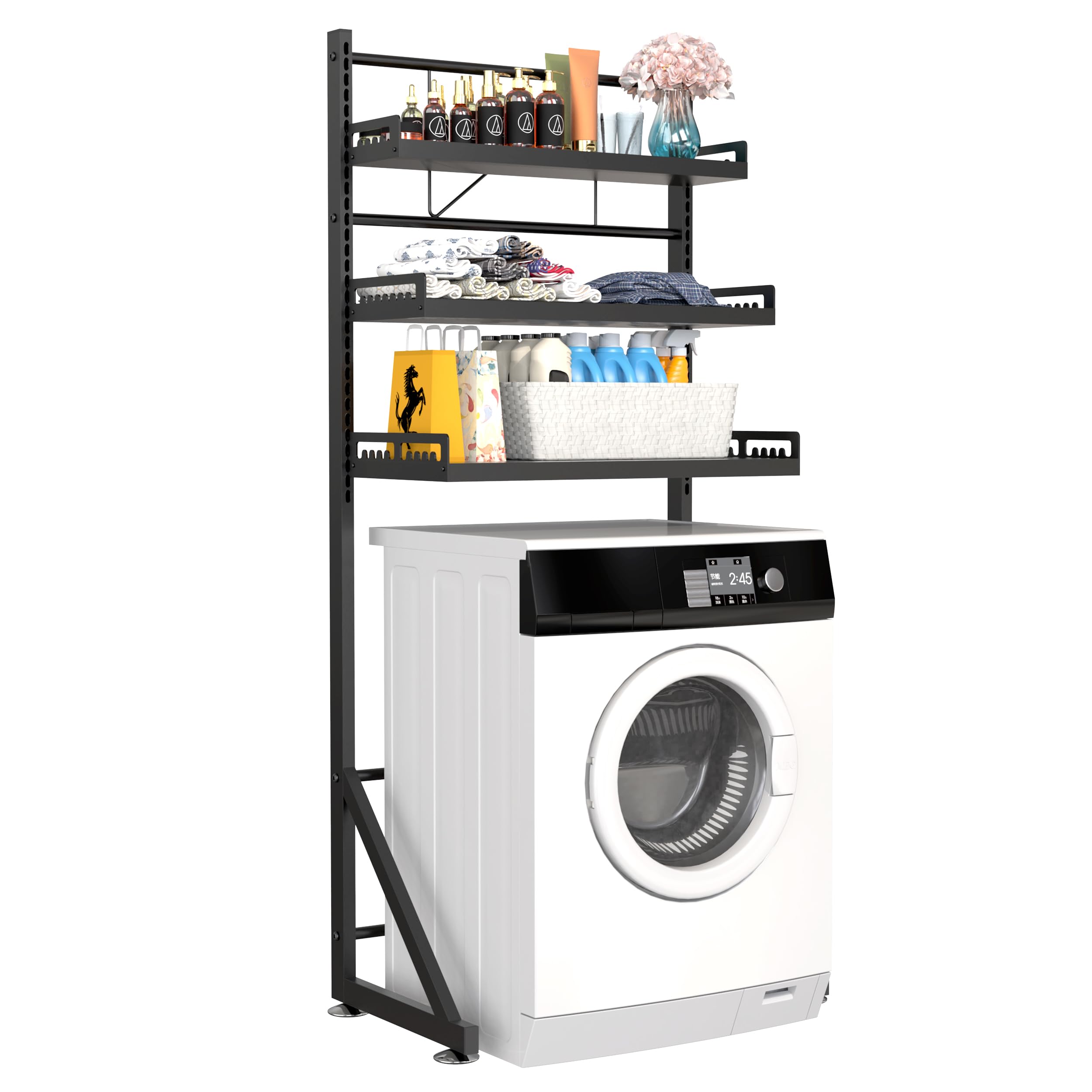 Supfirm 3-Tier Height Adjustable Washing Machine Storage Rack, Bathroom Large Storage Rack Organizer for Space Saver (Black)