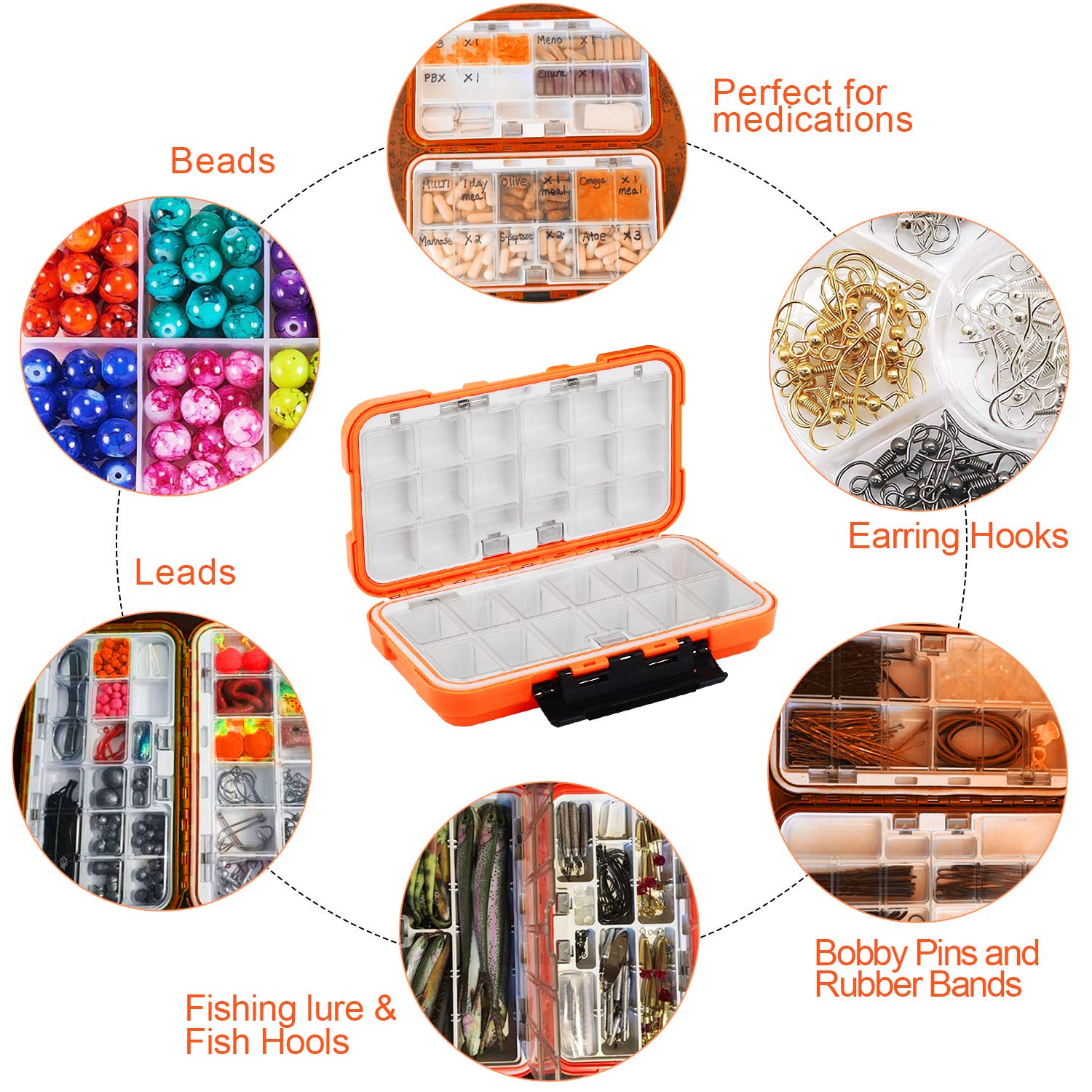 Uniwit Fishing Tackle Box Compact Waterproof Fishing Storage Box, Plastic Fishing Lure Box, Removable Grid Storage Organizer Making Kit for Fishing Lure/Hook Beads Earring Container Tool (Orange)