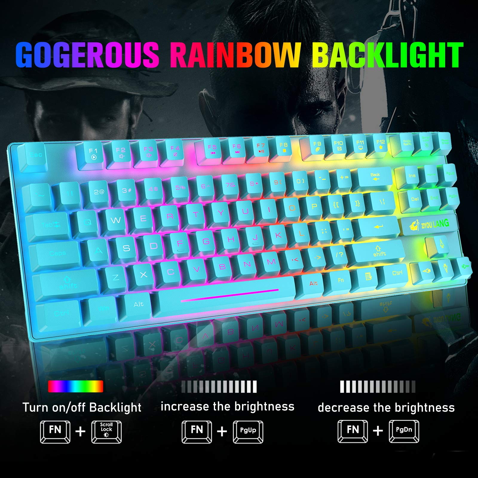 ZIYOU LANG Wireless Gaming Keyboard Mouse and Wired Headphone with Ergonomic 87Key Rainbow Backlight Rechargeable 3800mAh Battery Mechanical Anti-ghosting Mouse pad for PC Laptop Gamer Typist(Blue)
