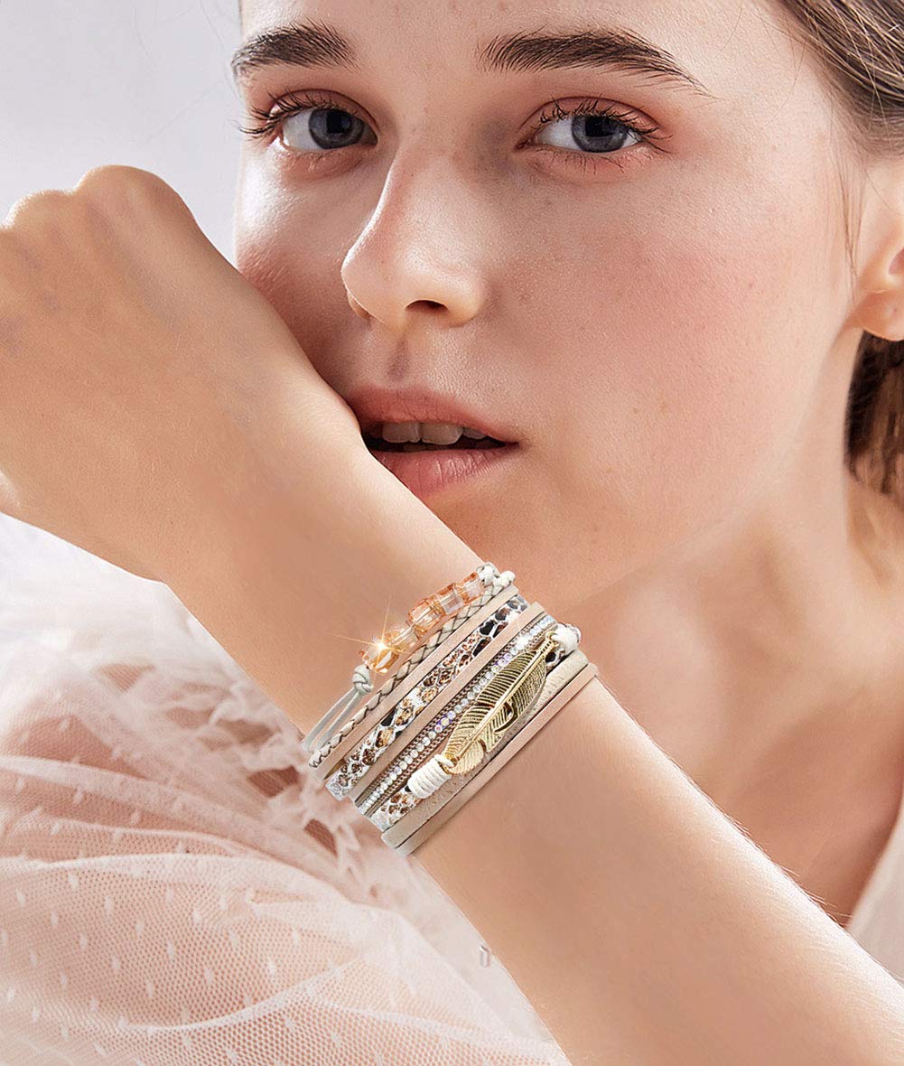 Wovanoo Leather Wrap Bracelet Set 3Pack Wrist Cuff Bracelet for Women Multilayer Magnetic Clasp Bracelet Feather Tree Bead Crystal Bracelet 3pack