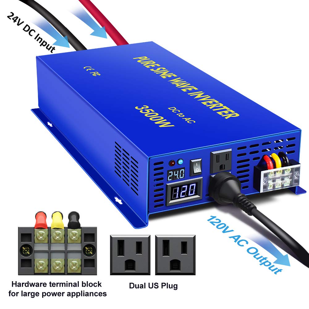 XYZ INVT 3500W Pure Sine Wave Inverter 24V DC to 110V 120V AC Surge 7000 Watt Power Inverter 100ft Wireless Remote Control for Solar System, Off Grid, RV.(3500W/24V)