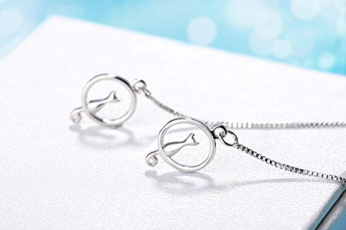 White Gold Plated Long Tassel Chain Sweet Cat on Moon Dangle Drop Threader Earrings for Women