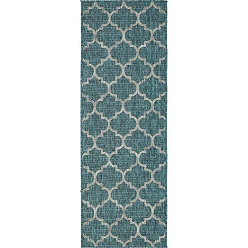 Unique Loom Outdoor Trellis Collection Area Rug (2' x 6' 1" Runner, Teal/ Gray)