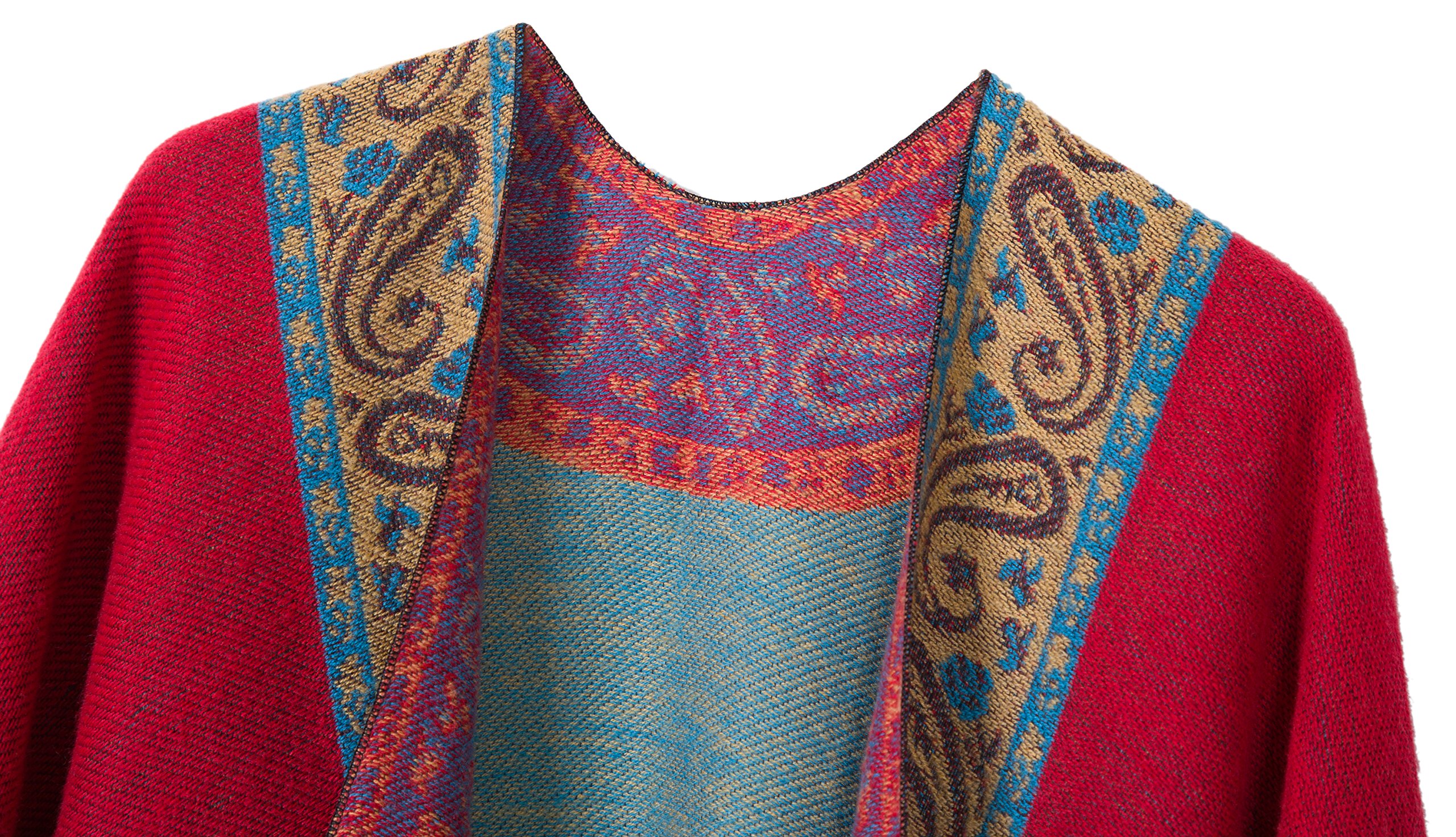 Urban CoCo Women's Printed Tassel Open front Poncho Cape Cardigan Wrap Shawl (Red)