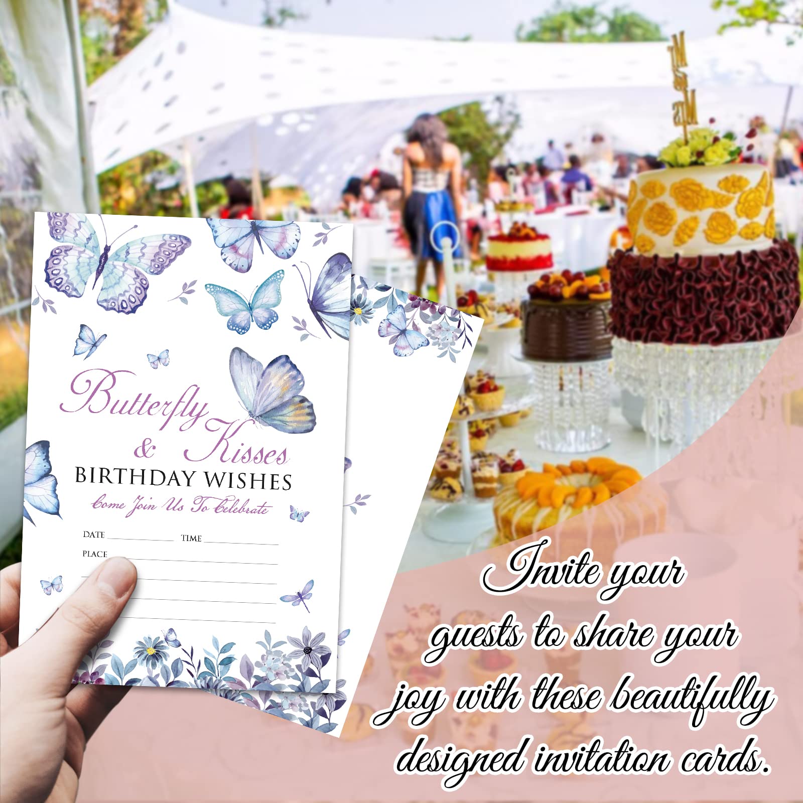 Watercolor Butterfly Birthday Invitations, Pack of 20 Fill-in Invitation Cards & 20 Envelopes, 4''X6'' - JY289