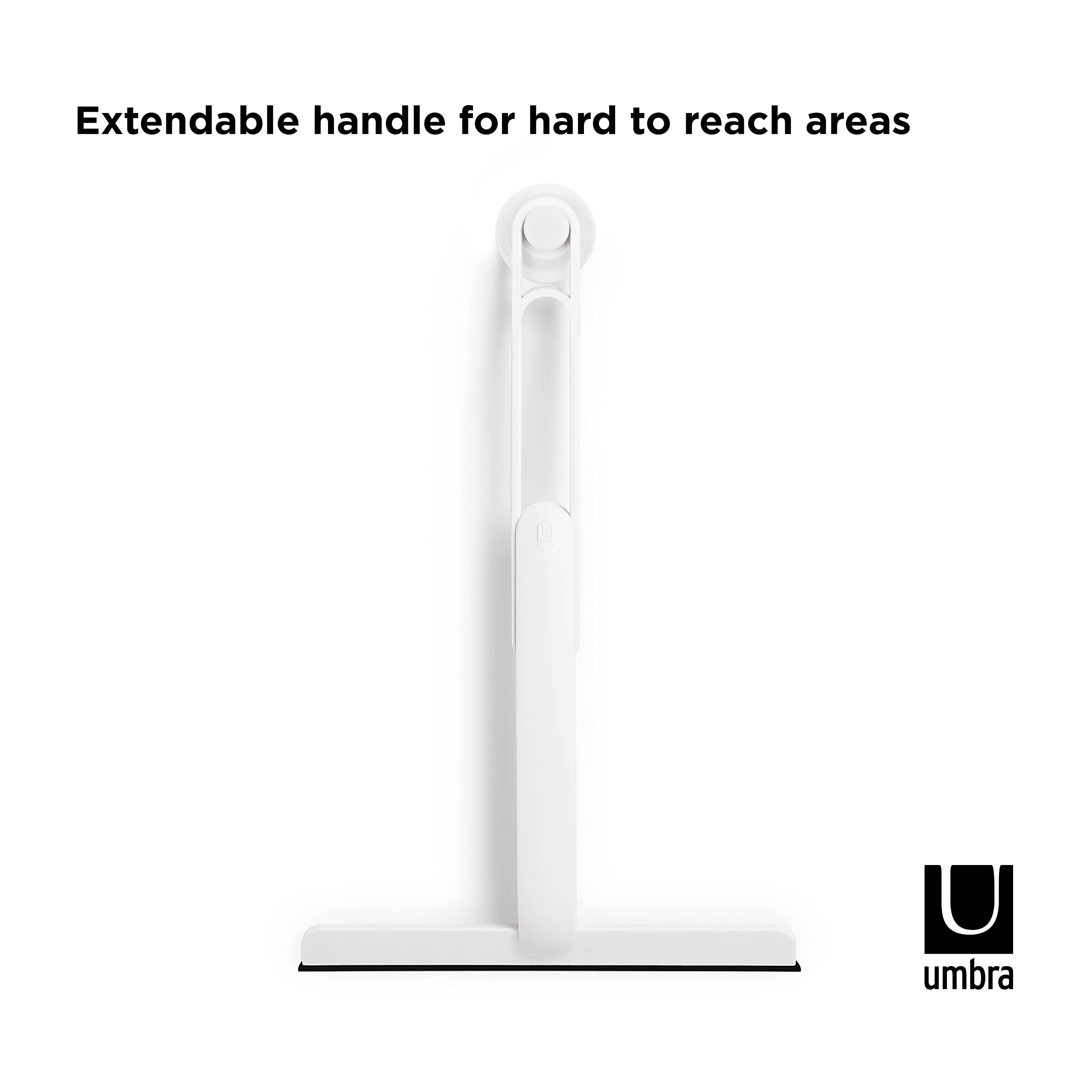 Umbra 1005121-660 Flex Squeegee, White Rust-Proof Squeegee with Extending, Extra Long Handle and Suction Cup, Store in Shower, Keep Tiles and Shower Walls Dry and Clean, White,10¼ x 11½ x 1 ½ inches