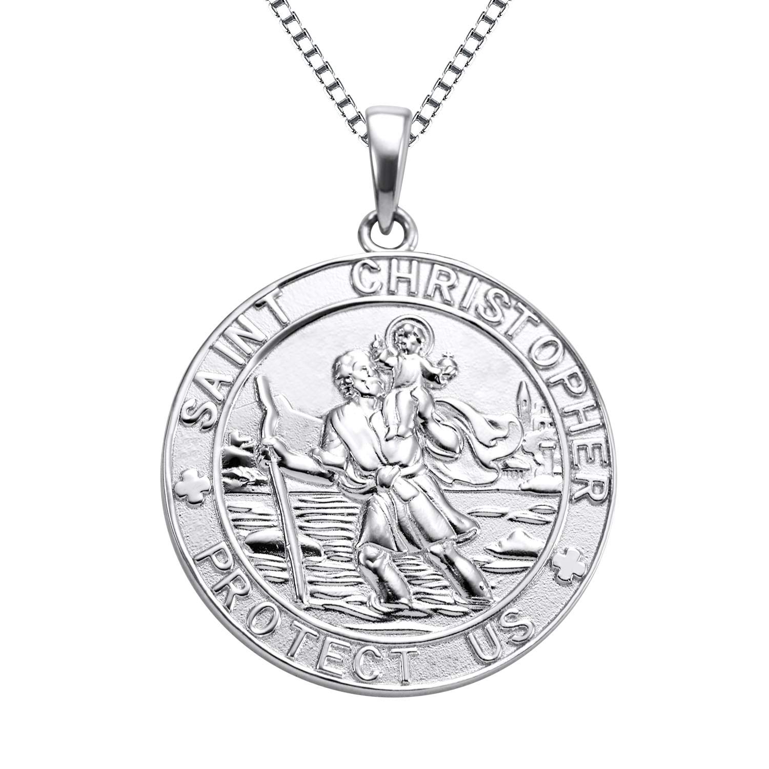 YL St Christopher Pendant Saint Medal Necklace 925 Sterling Silver Religious Engraved Medallion, 18"
